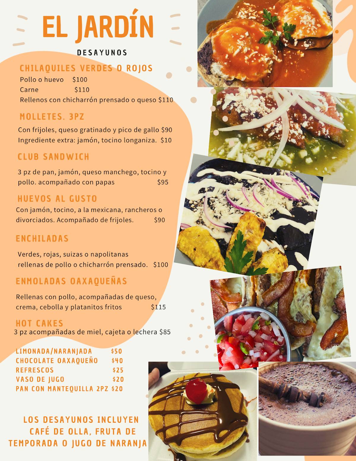 Menu at El jardín restaurant, Coacalco