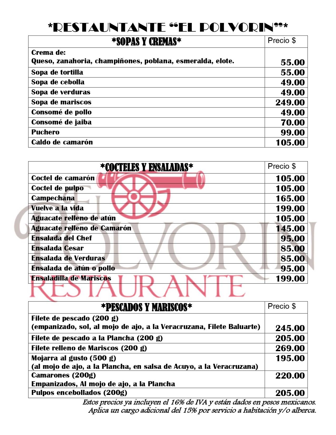 Menu at Restaurante El Polvorin Veracruz, Veracruz