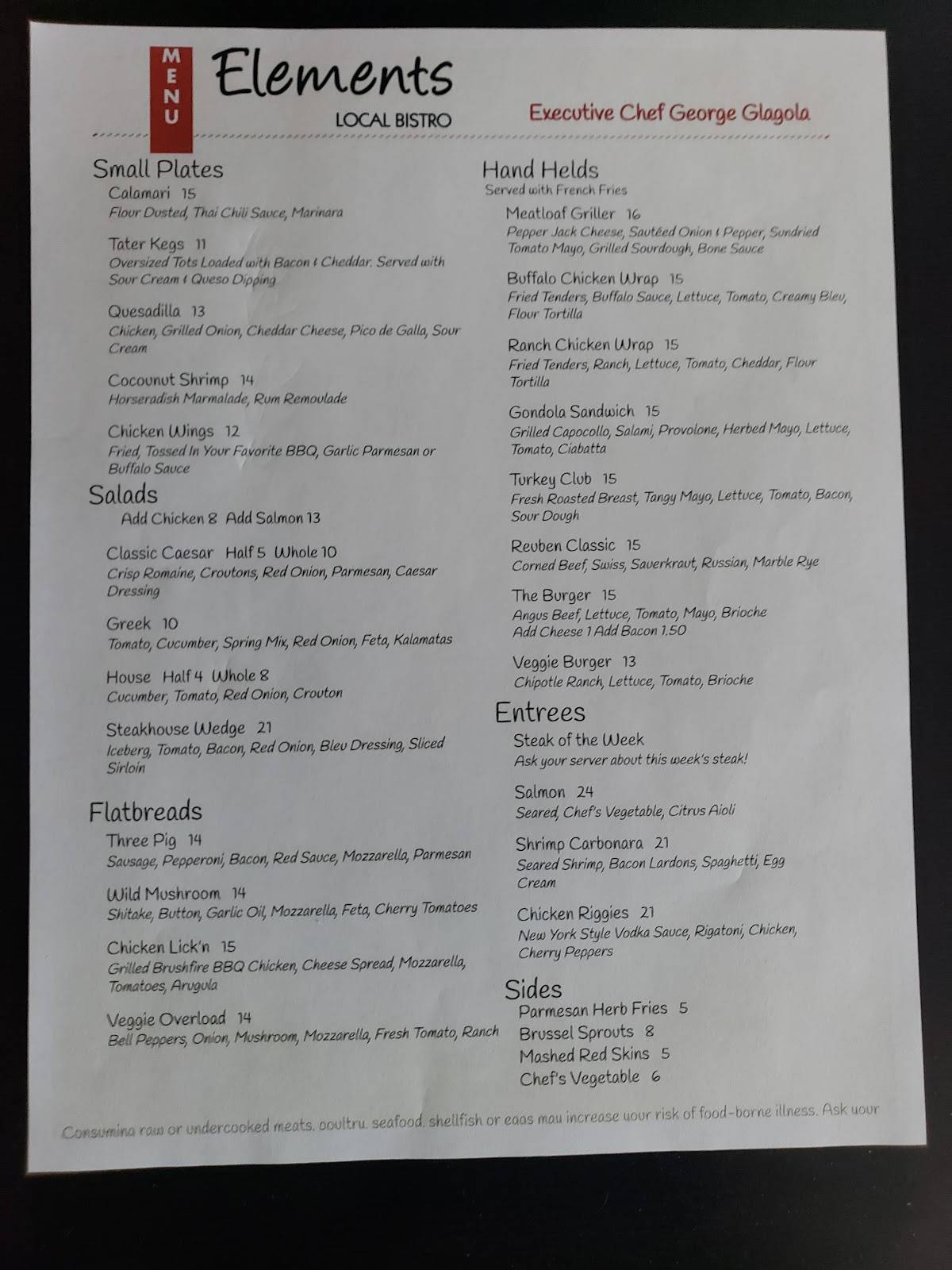 Menu at Elements pub & bar, Newark, 50 N 2nd St