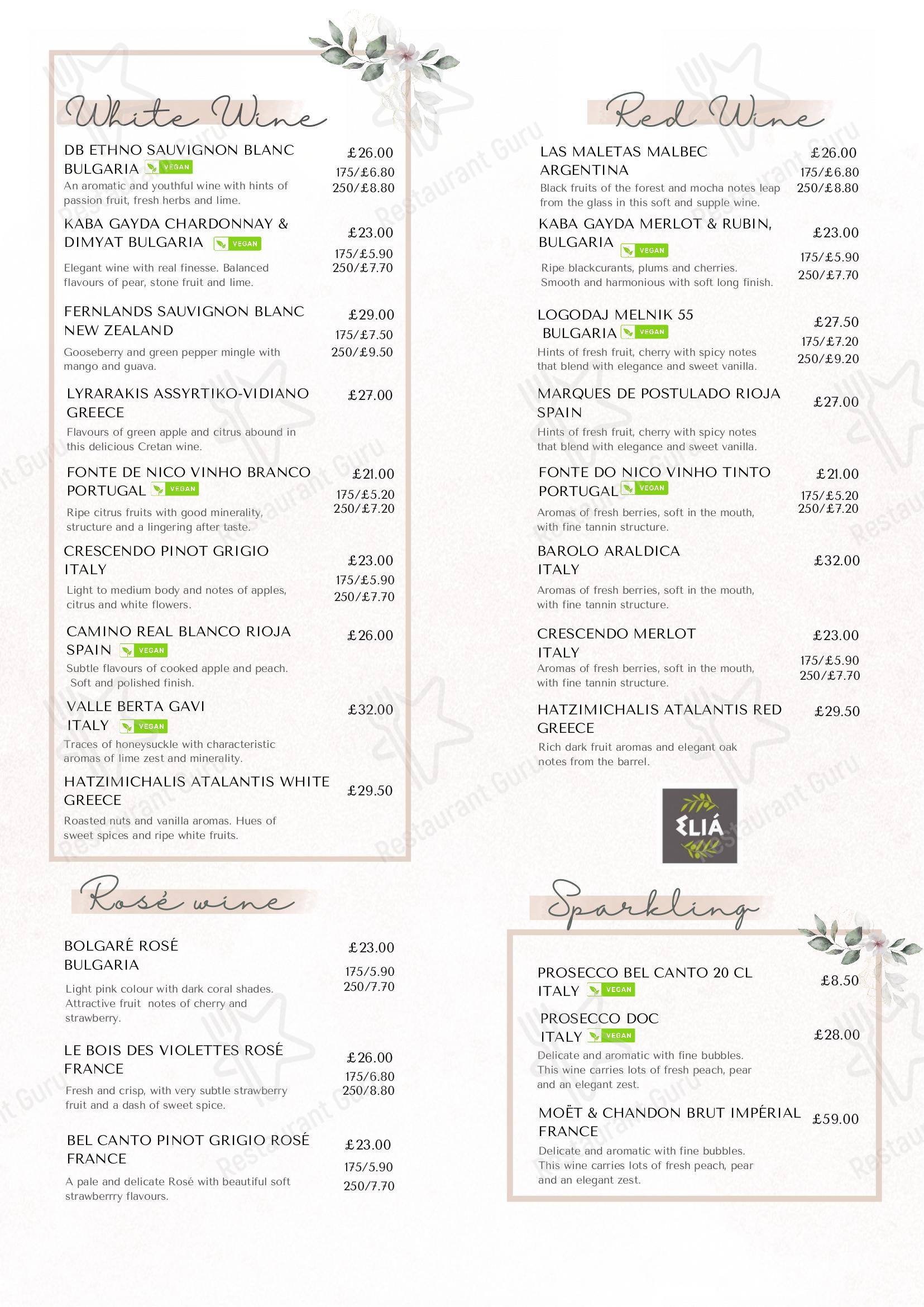 Menu at Elia restaurant, Woking