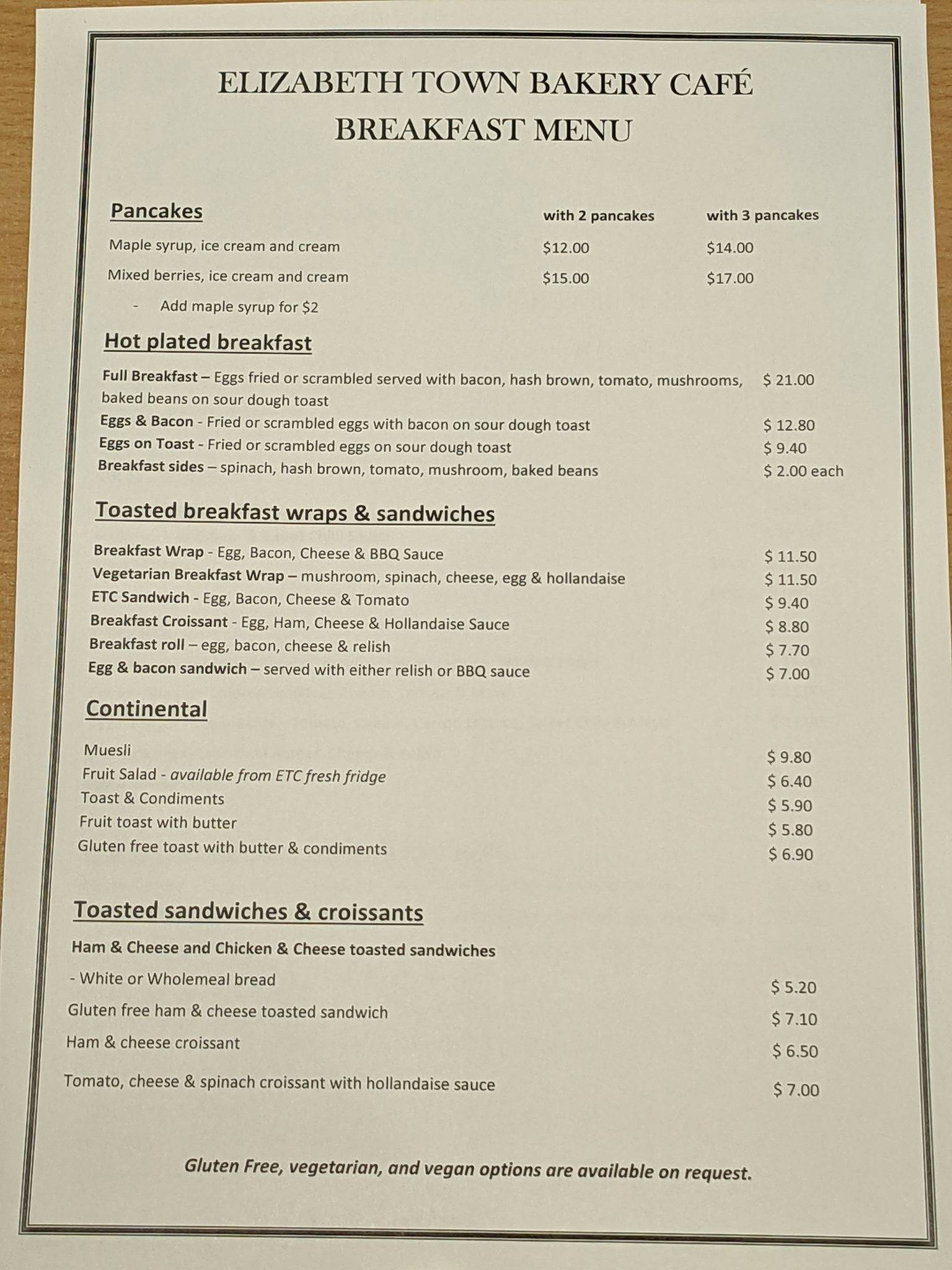 Menu at Elizabeth Town Bakery Cafe, Elizabeth Town, Bass Hwy
