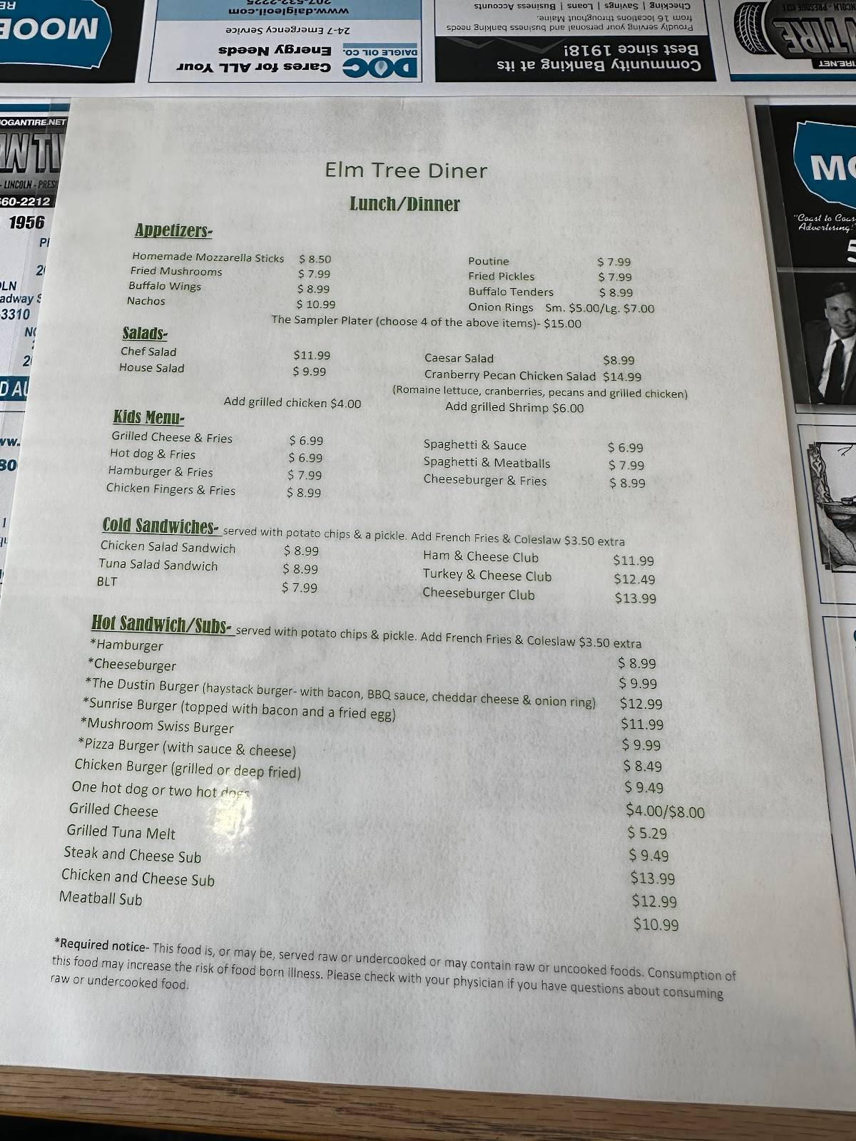 Menu at Elm Tree Diner restaurant, Houlton, 146 Bangor St