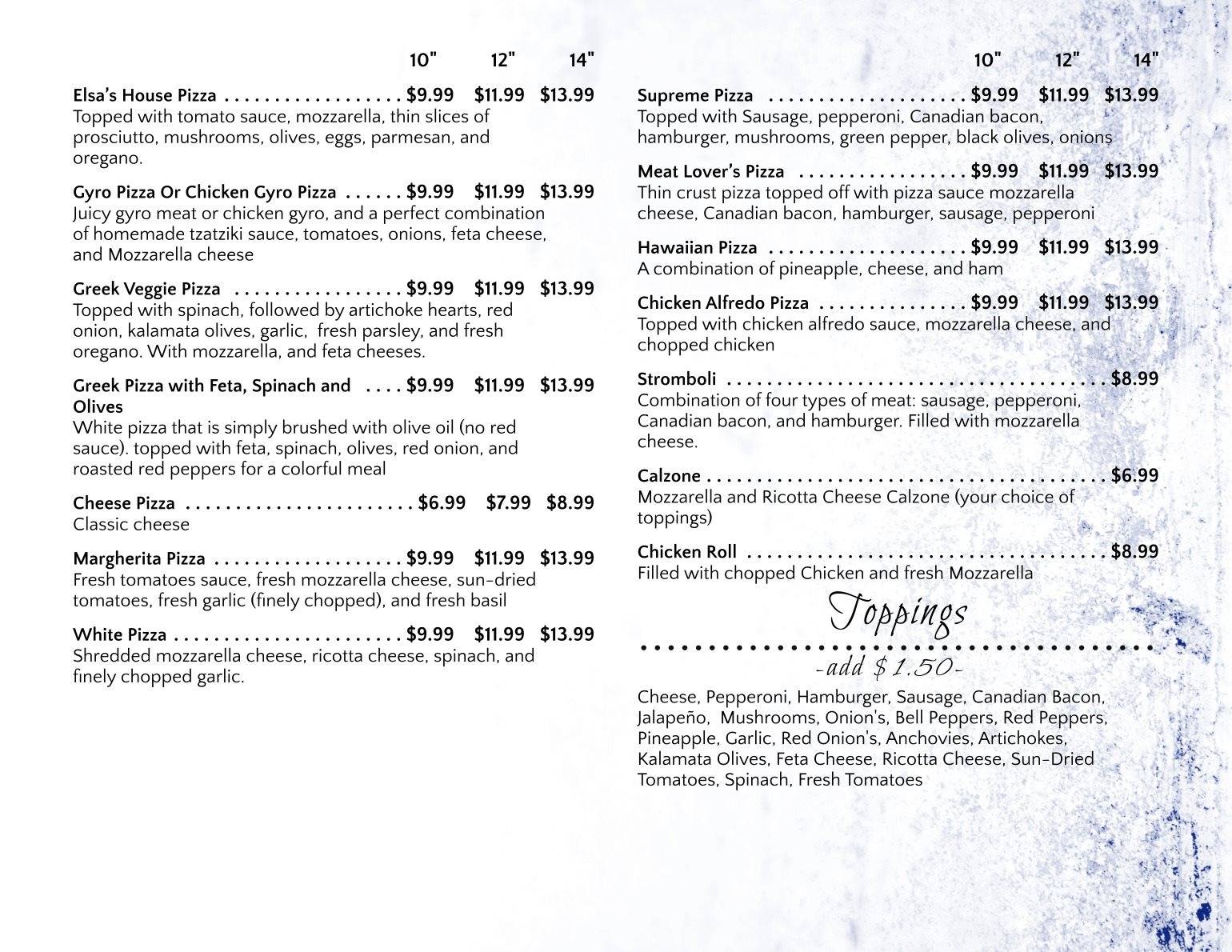 Menu at Elsa's Greek Grill restaurant, Beaumont
