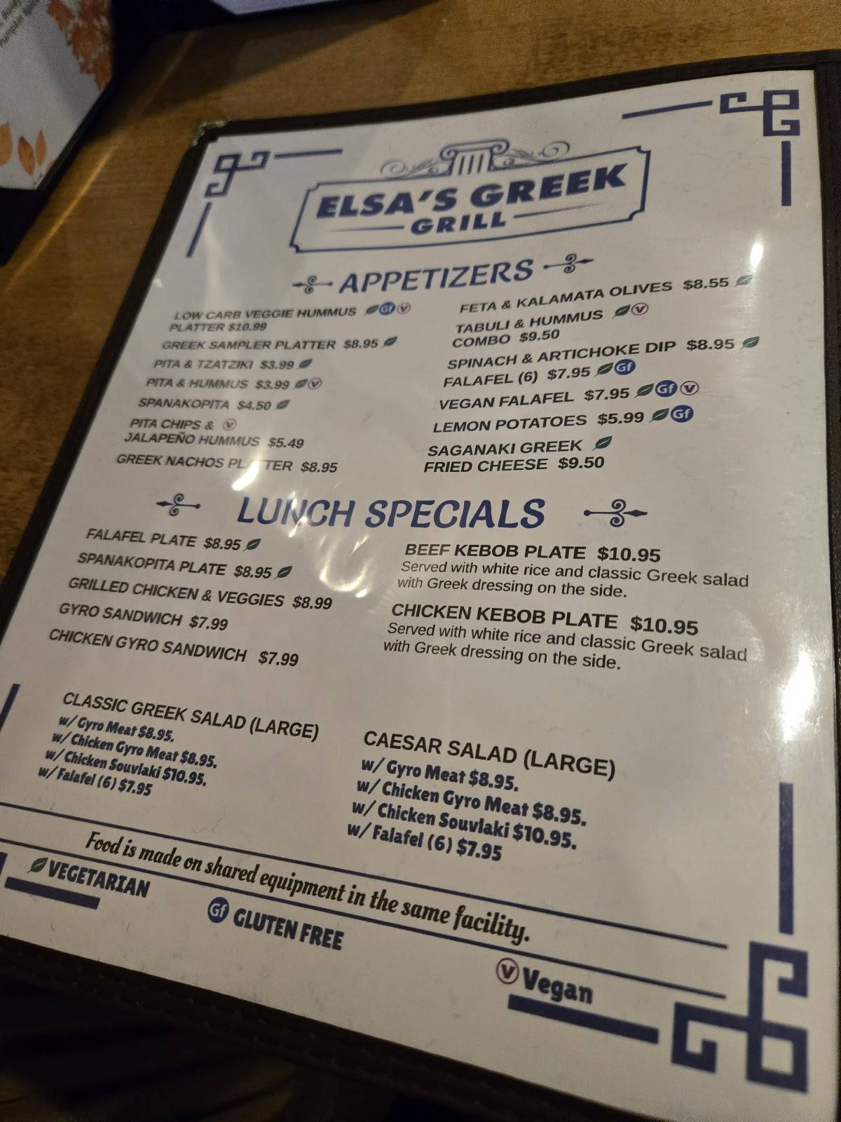 Menu at Elsa's Greek Grill restaurant, Beaumont