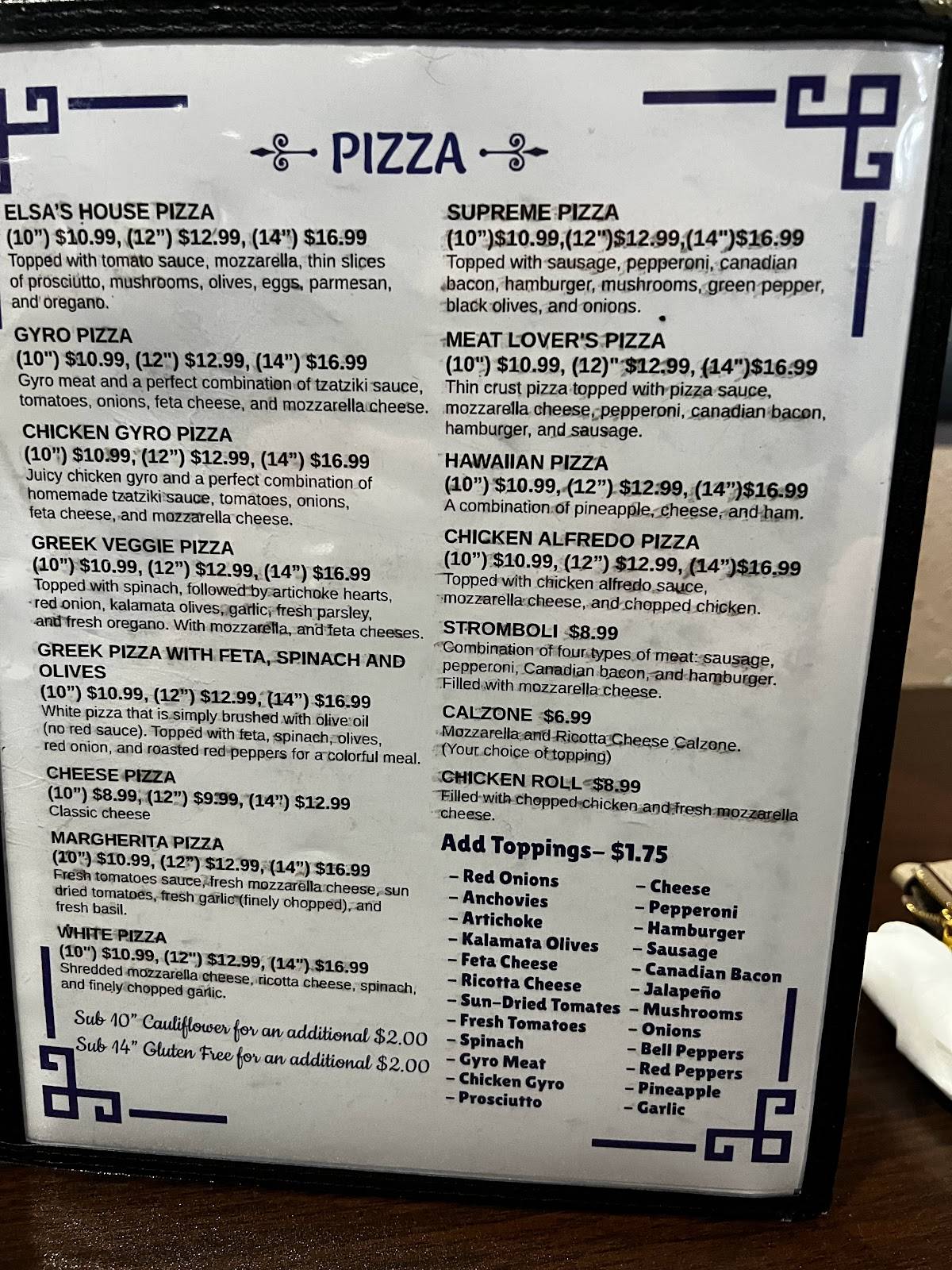 Menu at Elsa's Greek Grill restaurant, Beaumont