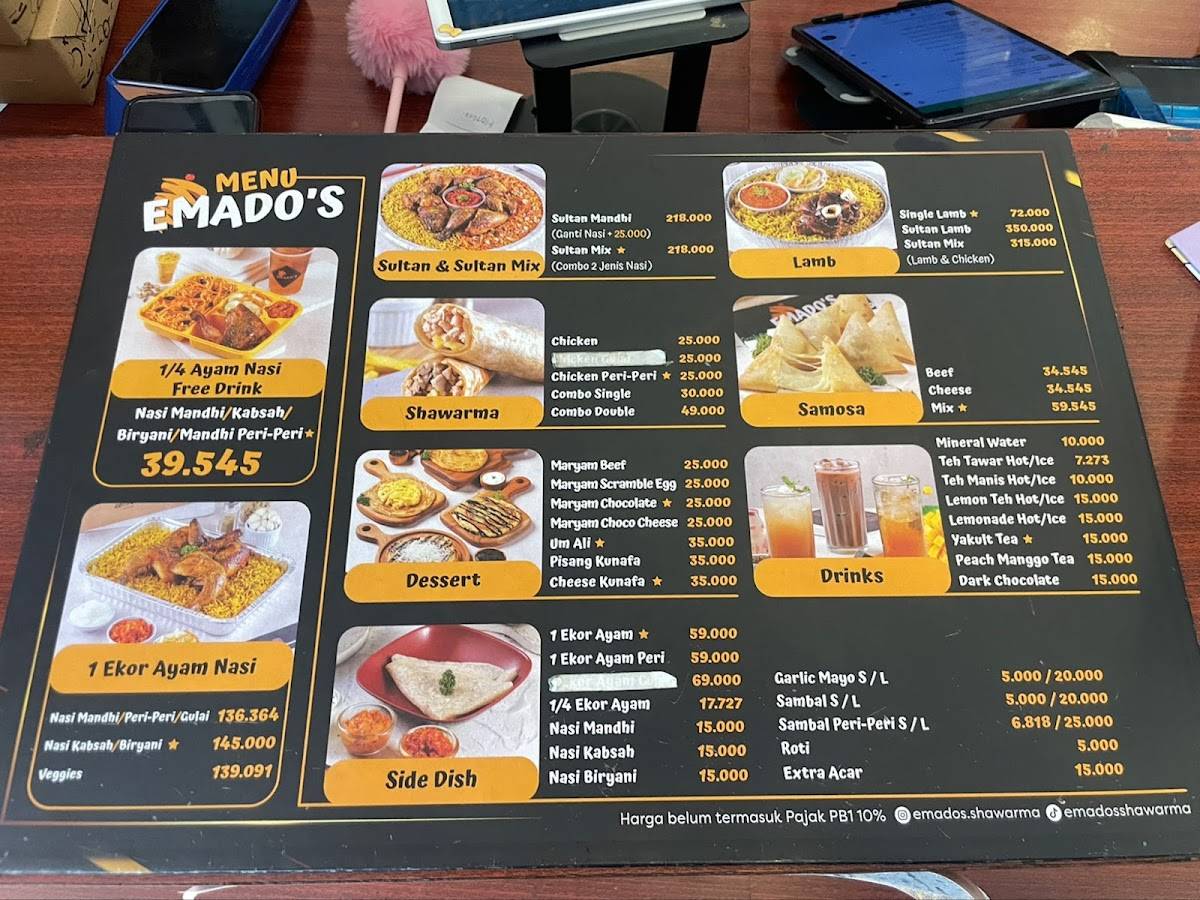 Menu at Emado's Shawarma Suhat restaurant, Malang