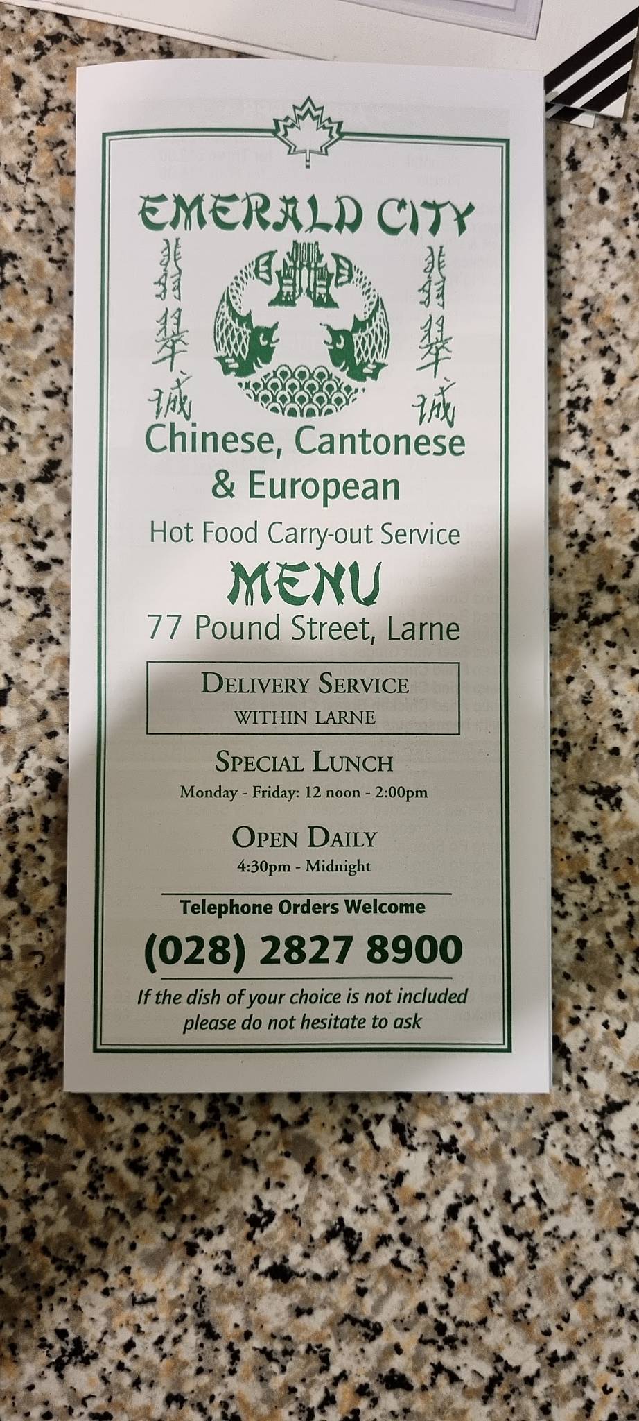 Menu at Emerald City fast food, Larne