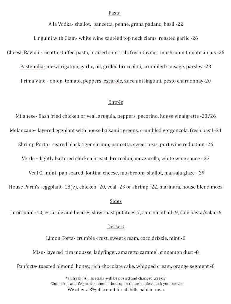 Menu at Emilia restaurant, Rockville Centre