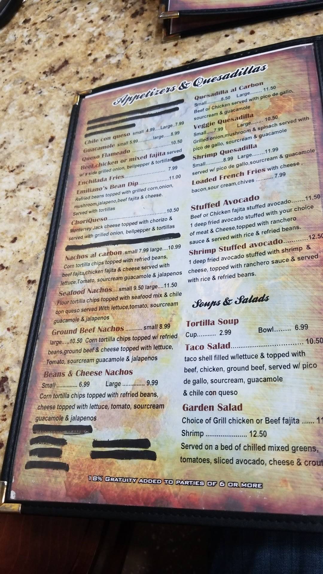 Menu at Emilianos Mexican Grill restaurant, Yoakum