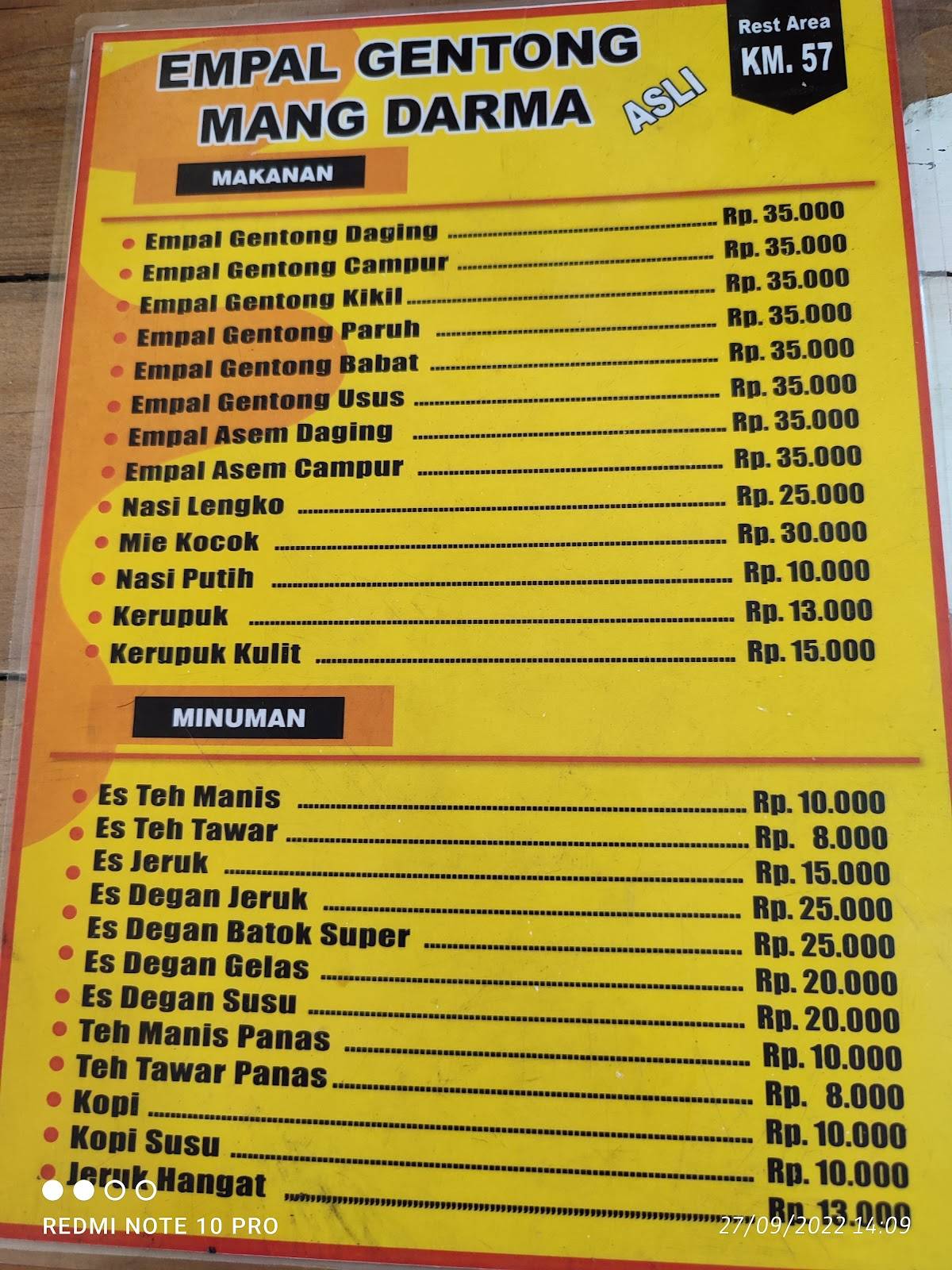 Menu at Empal Gentong Mang Darma Asli restaurant, Karawang