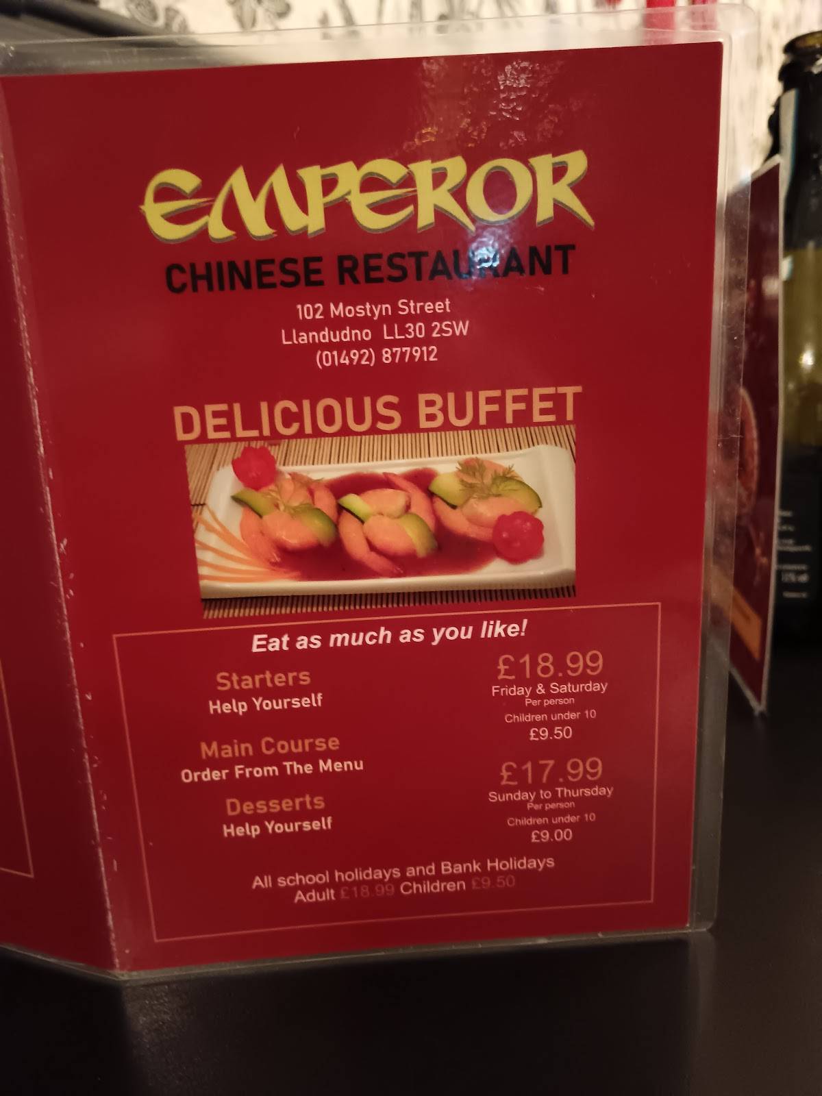 Menu at Emperor Chinese Restaurant, Llandudno