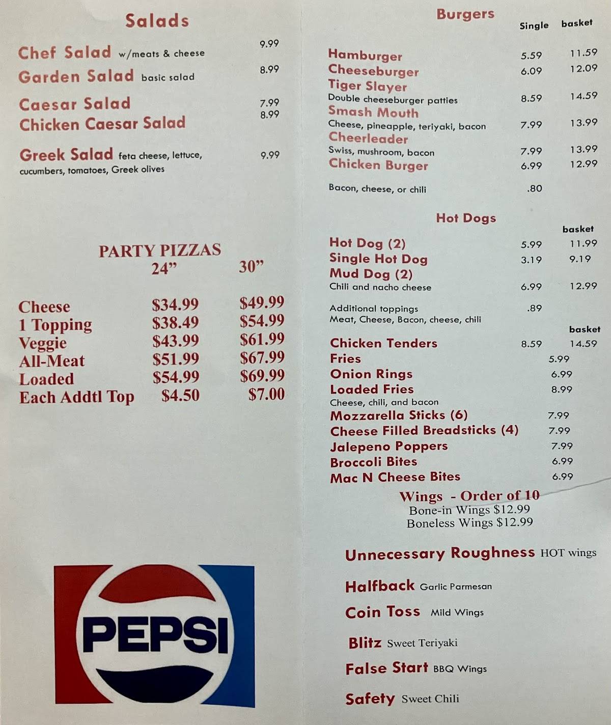 Menu at End Zone pizzeria, Augusta