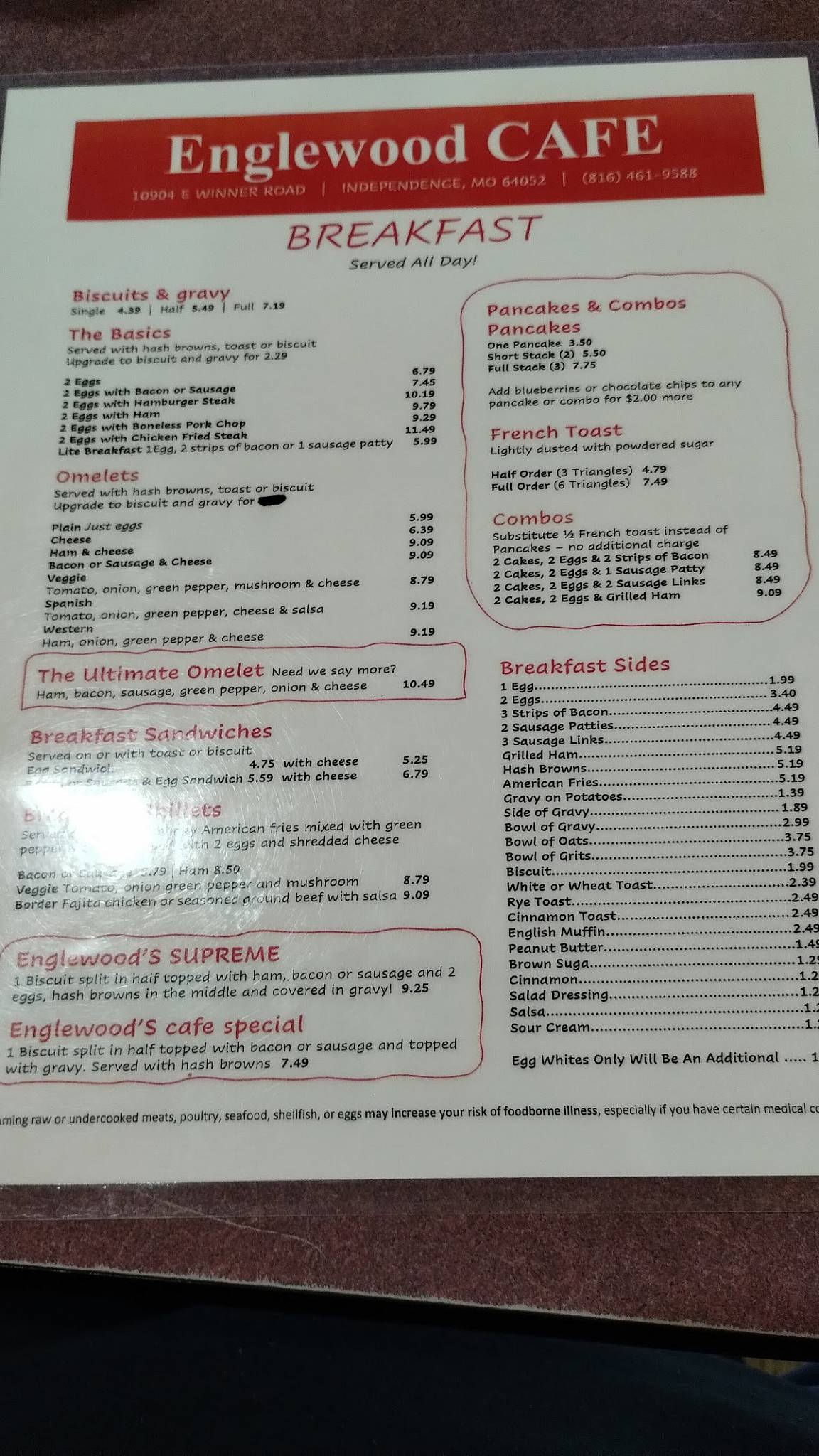 Menu at Englewood Cafe, Independence