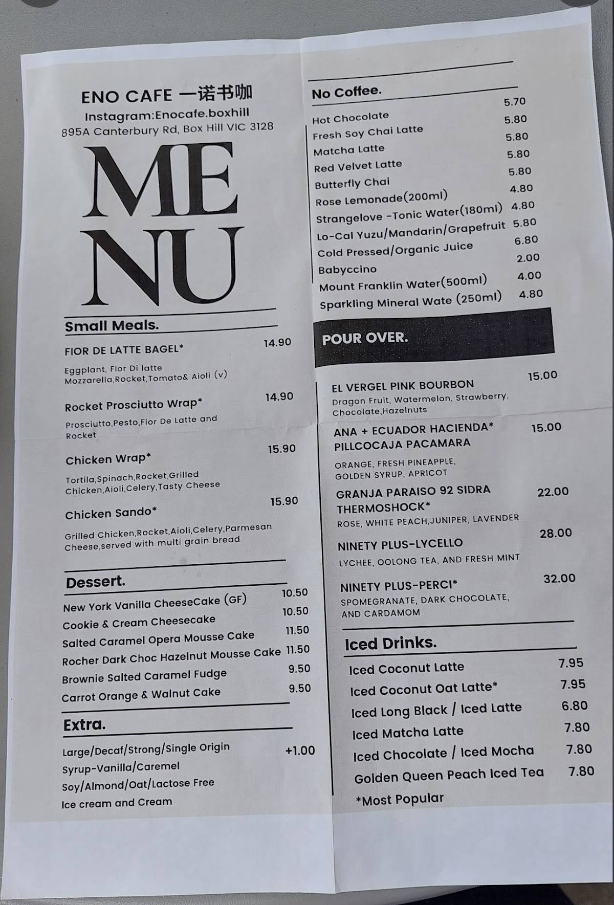 Menu at Eno Cafe, Box Hill
