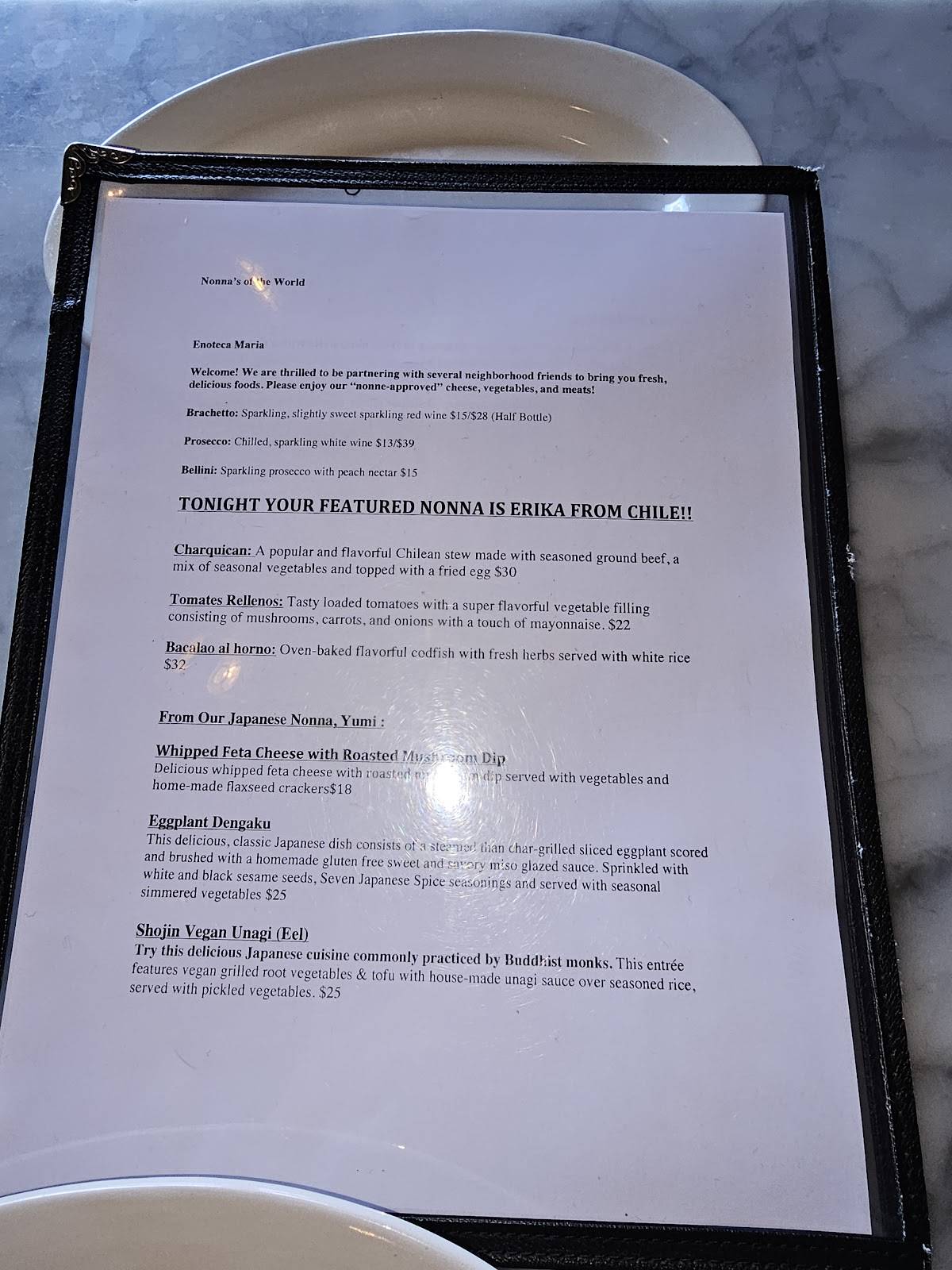 Menu at Nonnas of the World restaurant, Bayonne
