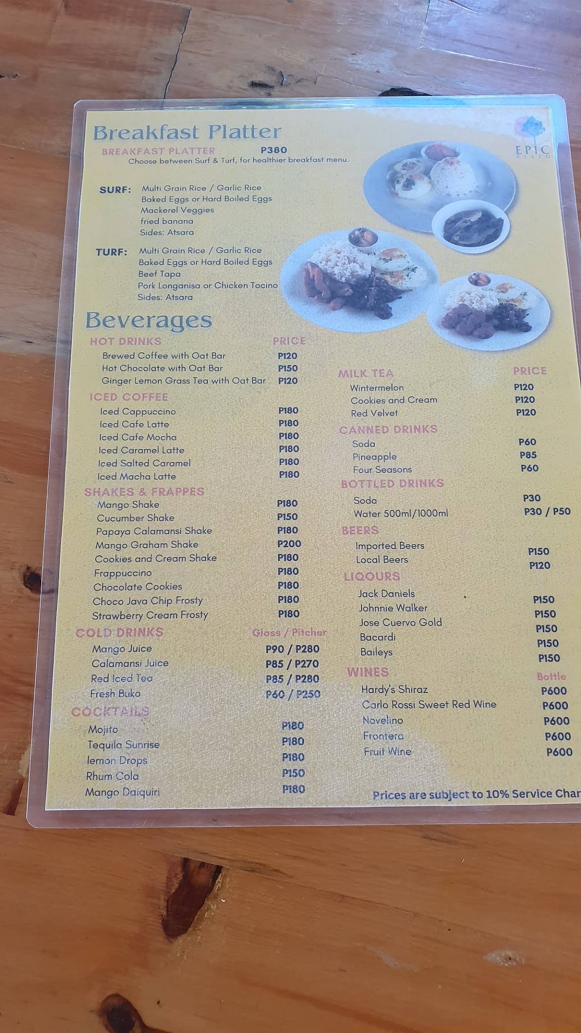 Menu at Epic Resto restaurant, Tanay