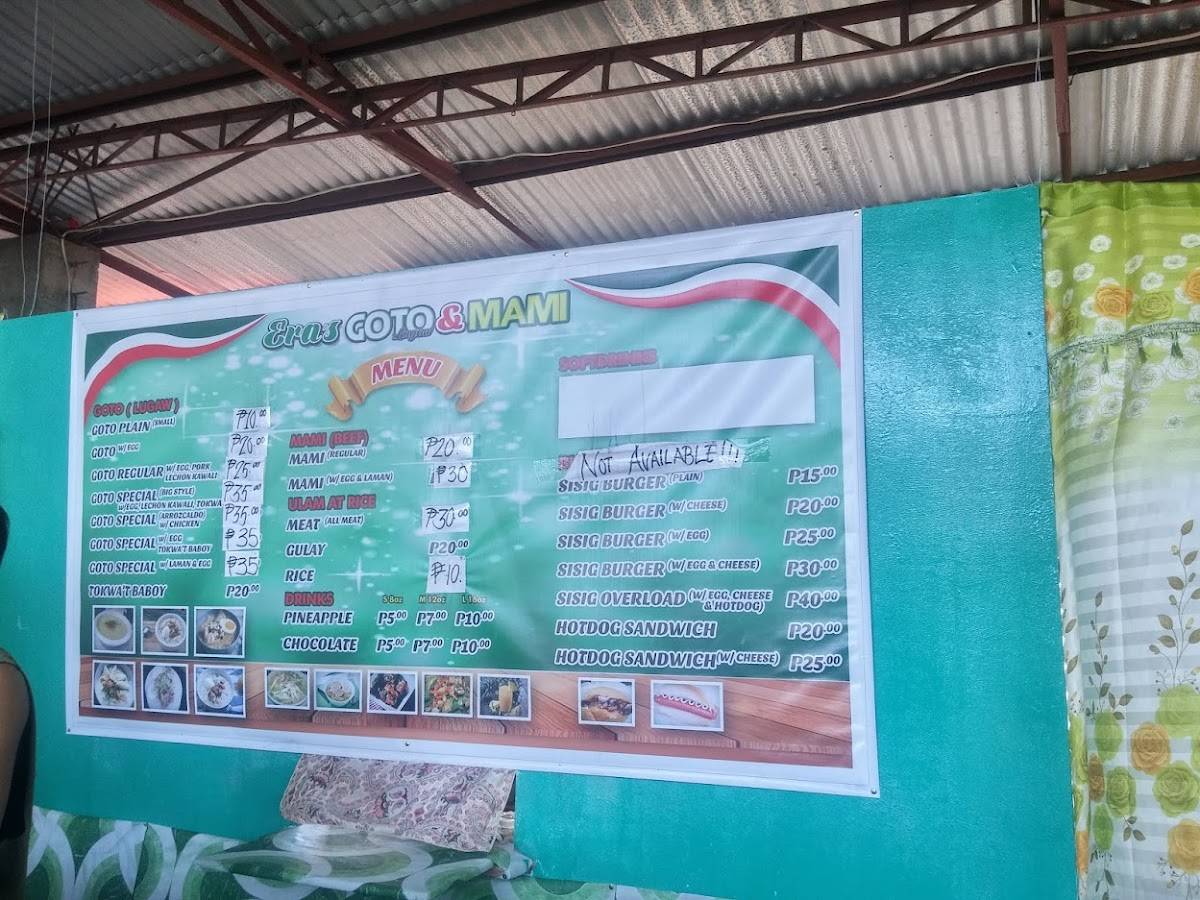 Menu at Era's Goto and Mami restaurant, Mariveles