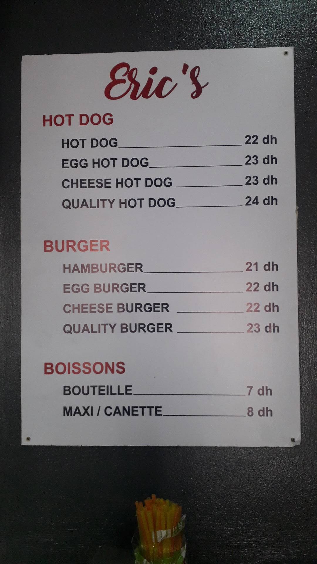 Menu at Eric's Hamburger 1 restaurant, Tangier, 48 Bd Pasteur