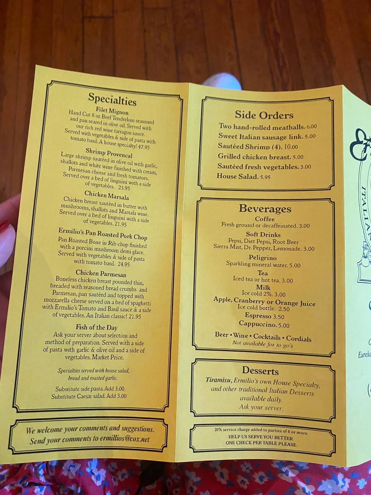 Menu at Ermilio's Italian Home Cooking restaurant, Eureka Springs