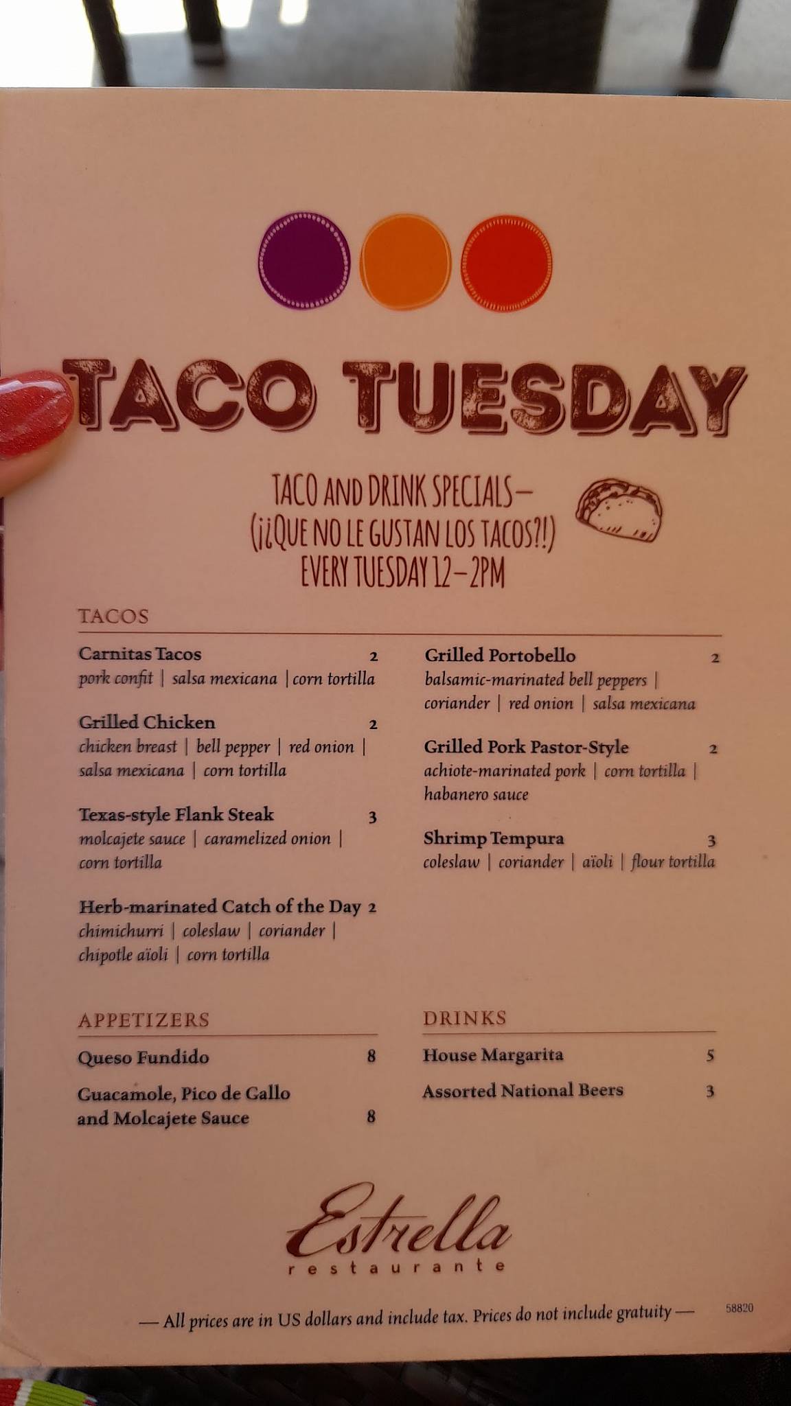 Menu at Estrella restaurant, Cabo Bello