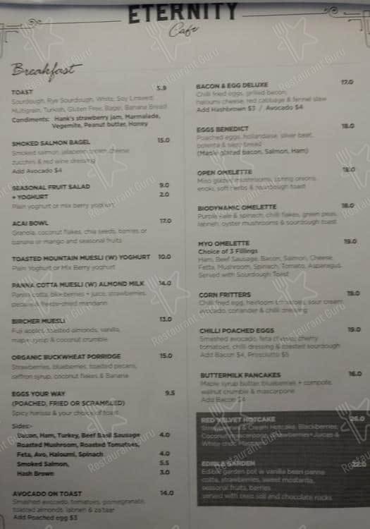 Menu at Eternity Cafe Town Hall Station, Sydney