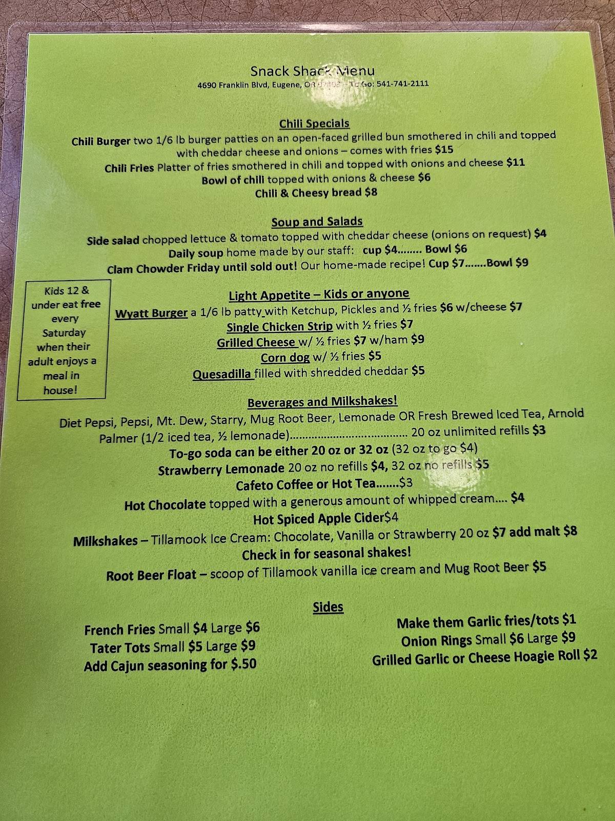 Menu at Snack Shack restaurant, Eugene