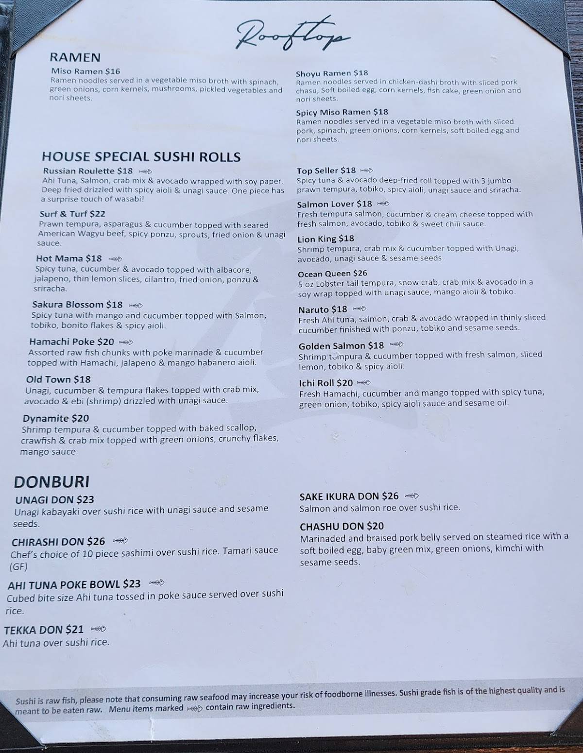 Menu at RoofTop restaurant, Eureka