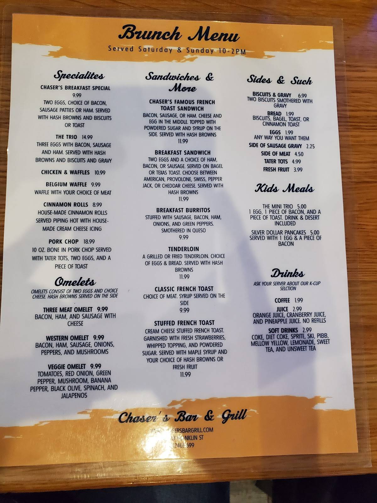 Menu at Chaser's Bar & Grill, Evansville