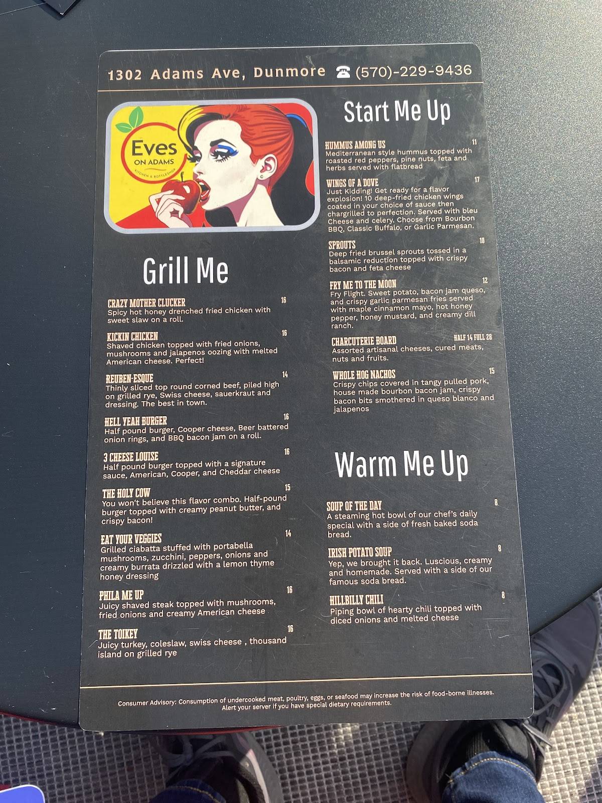 Menu at Eves on Adams pub & bar, Dunmore