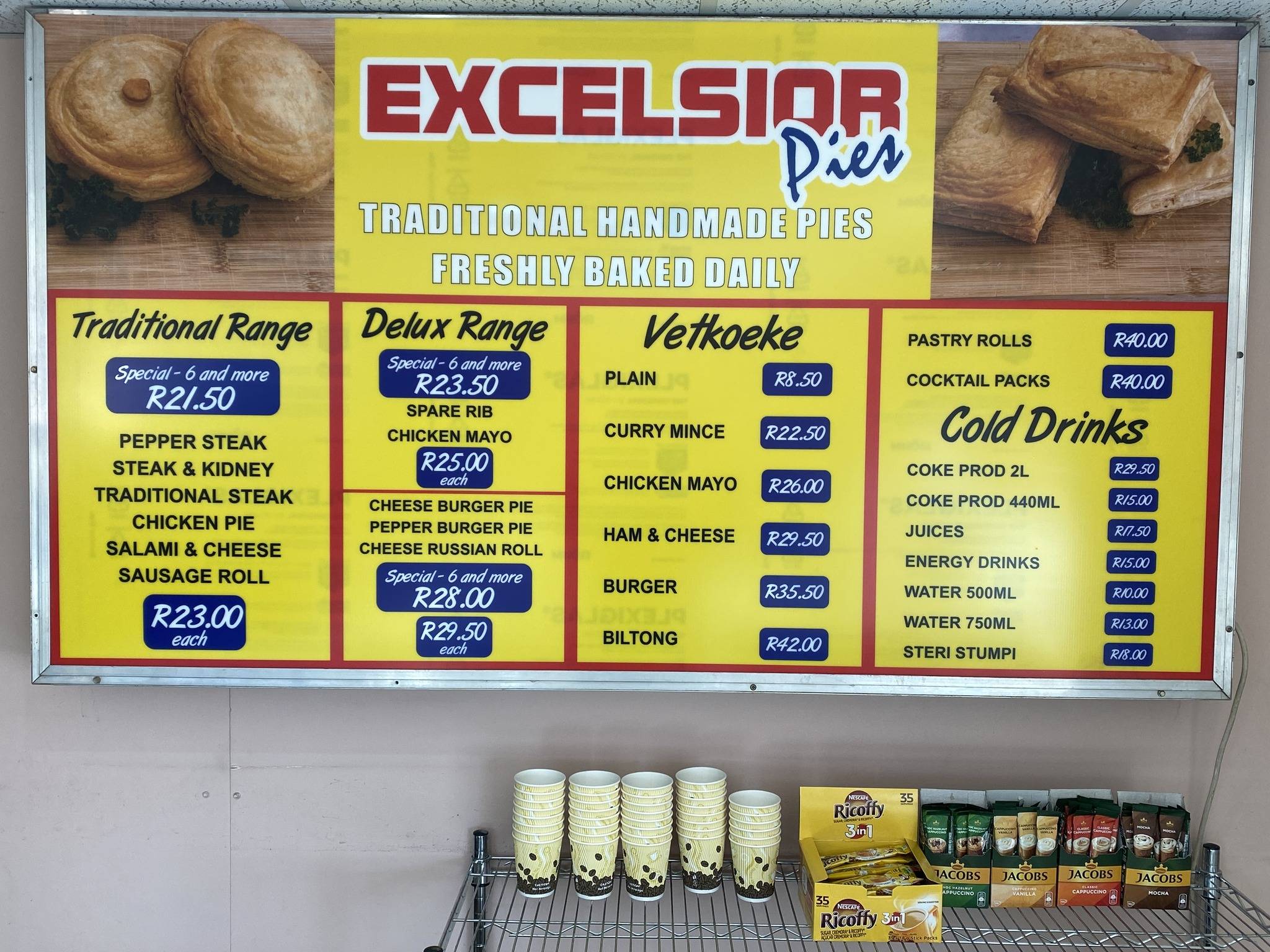 Menu at Excelsior Pies Kimberley, Kimberley