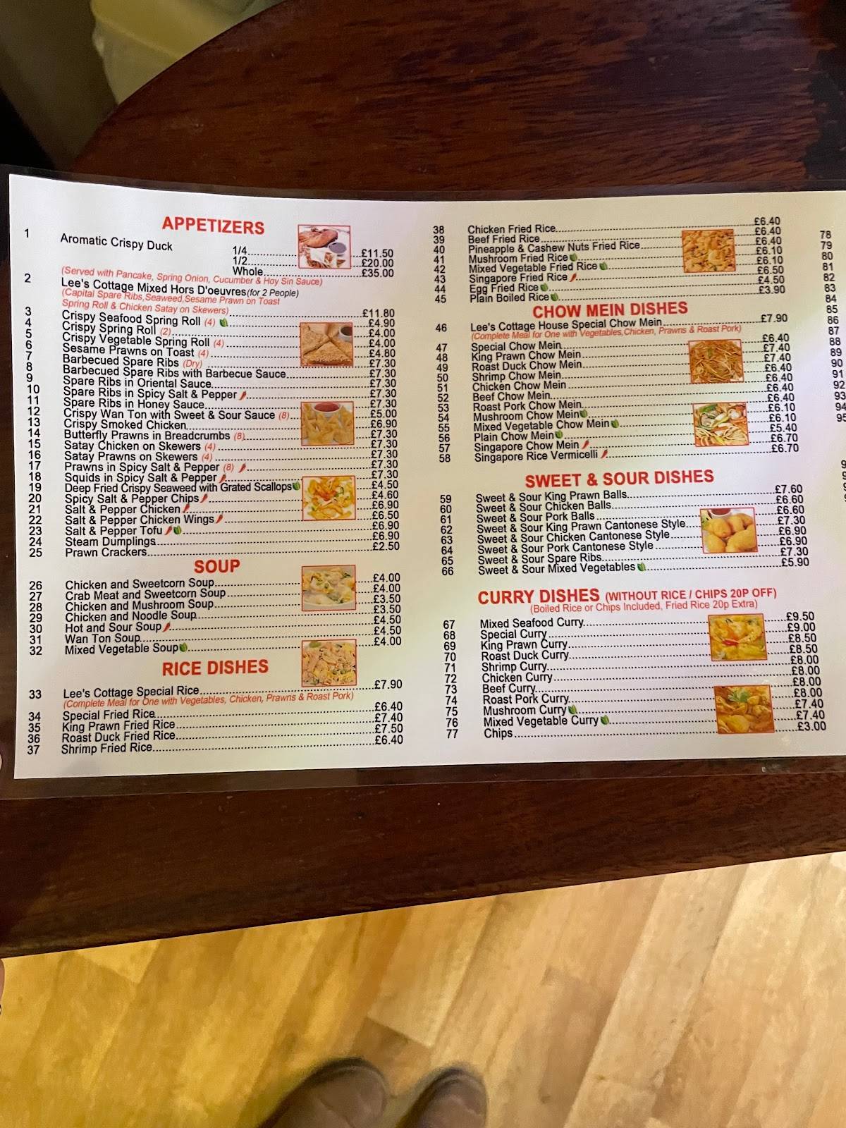Menu at Lee's Cottage restaurant, Eye