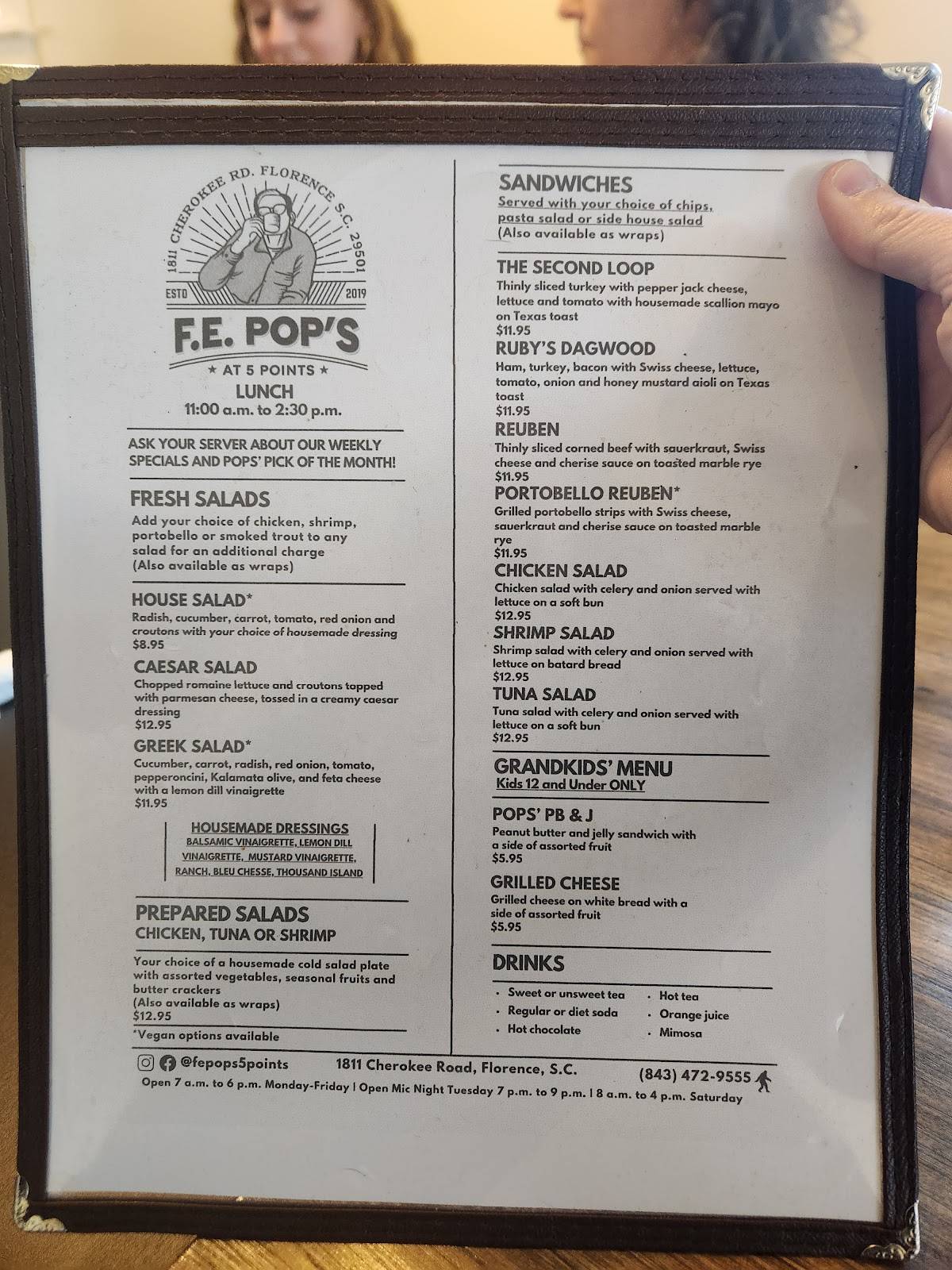 Menu at F. E. Pop's at 5 Points restaurant, Florence