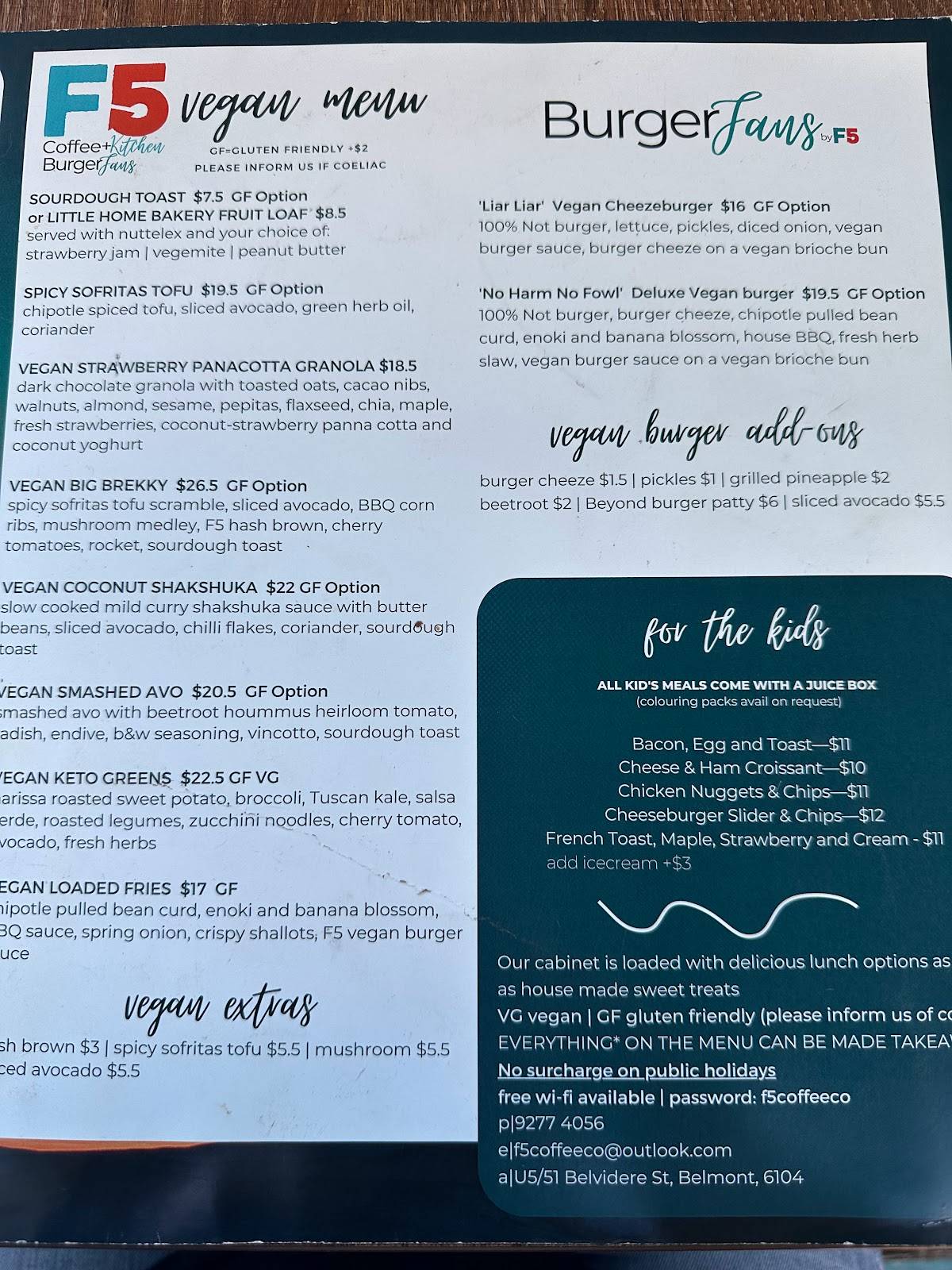 Menu at F5 Coffee and Kitchen cafe, Belmont