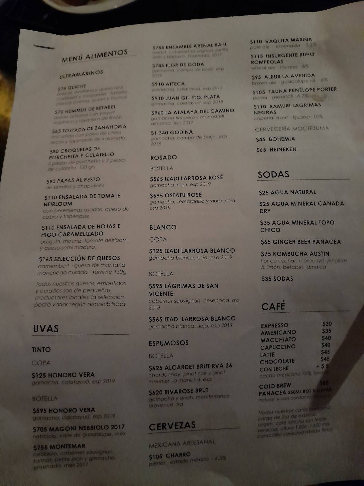 Carta del pub y bar Felina, Ciudad López Mateos