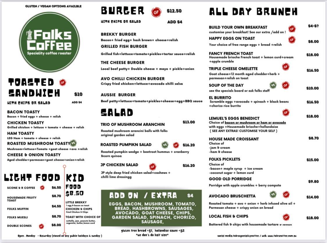 Menu at Folks coffee cafe, Wonthaggi, 132 graham st