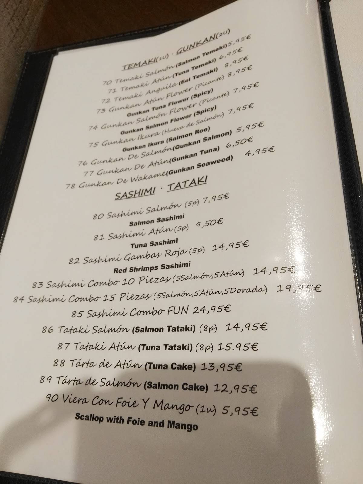 Menu at FUN Restaurante japonés, Barcelona