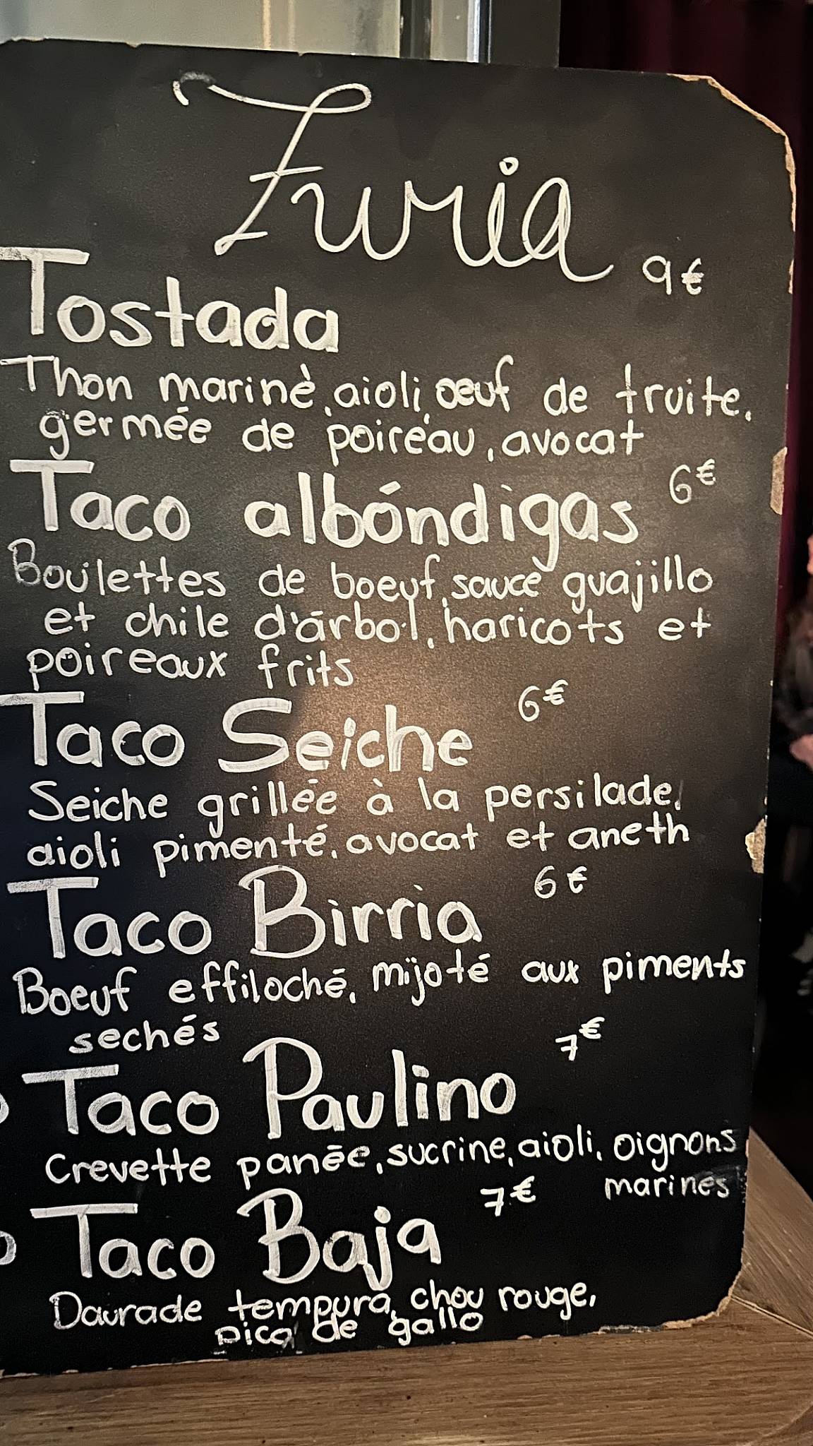 Menu at FURIA restaurant, Paris