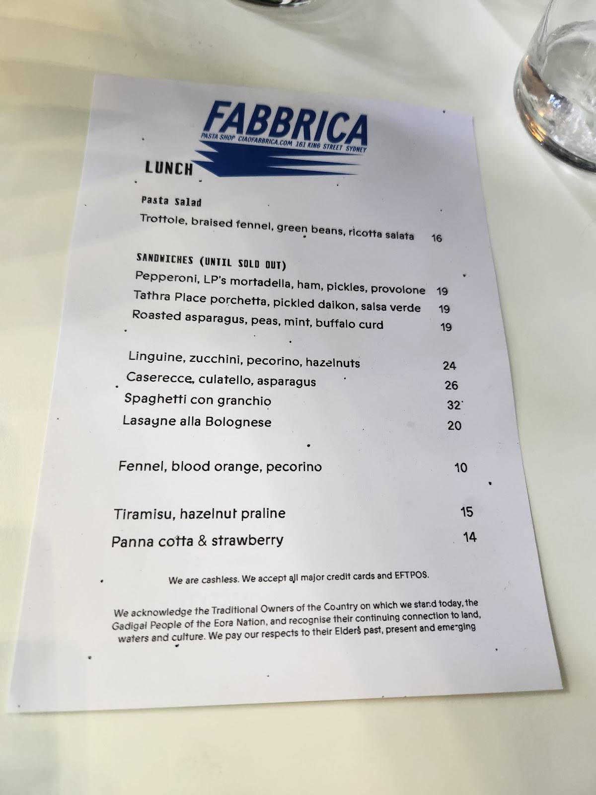 Menu at Fabbrica Pasta Shop CBD restaurant, Sydney