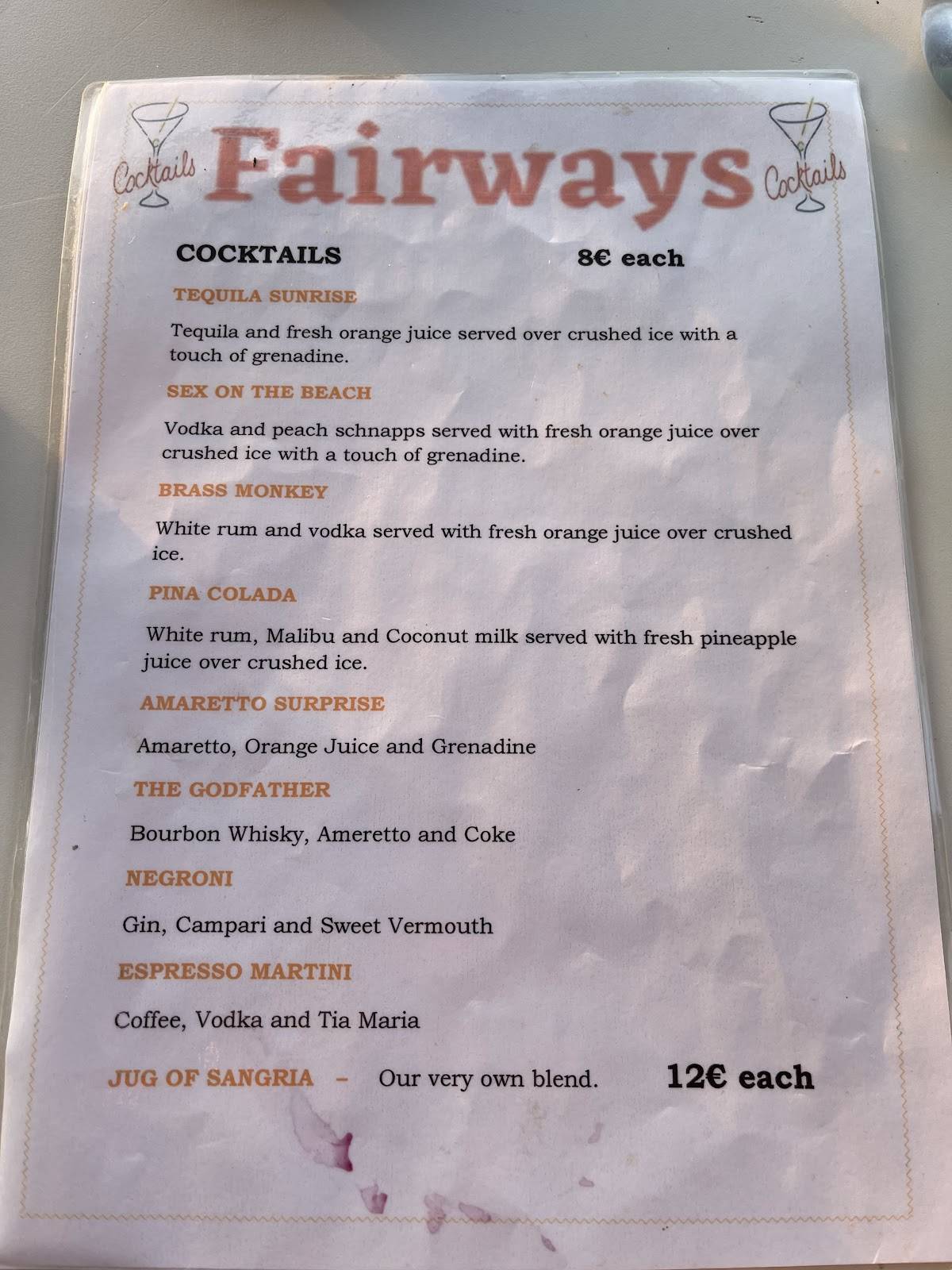 Menu at Fairways pub & bar, Fuente Álamo de Murcia