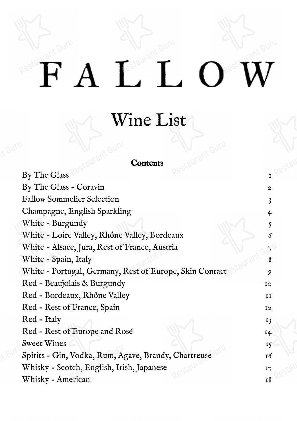 Menu at Fallow restaurant, London