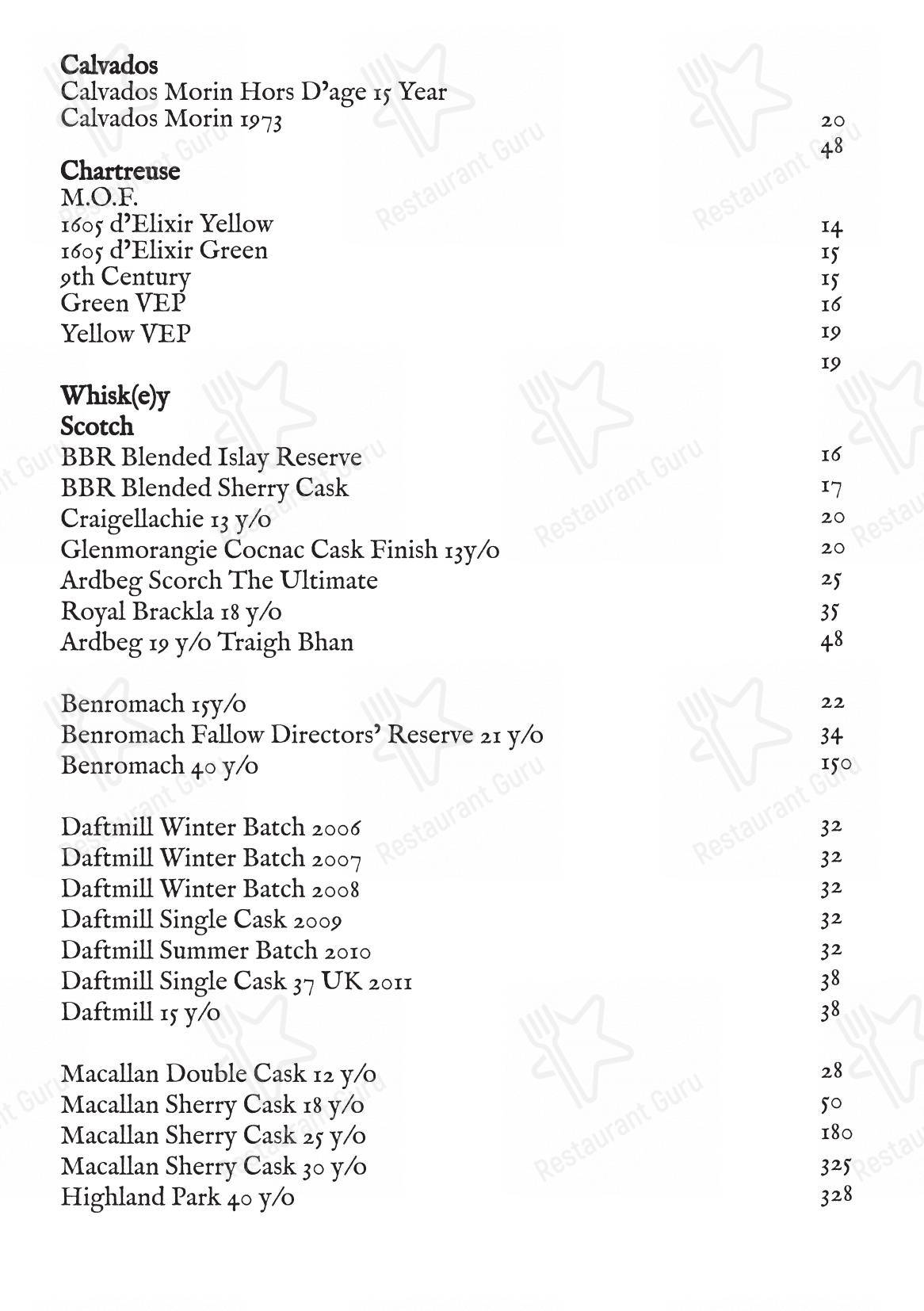 Menu at Fallow restaurant, London