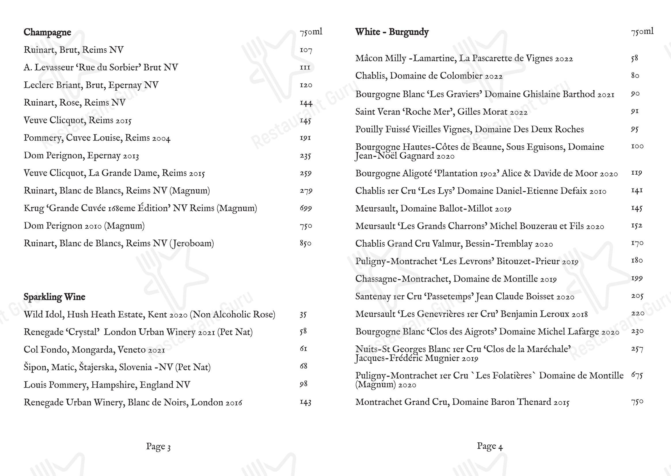 Menu at Fallow restaurant, London