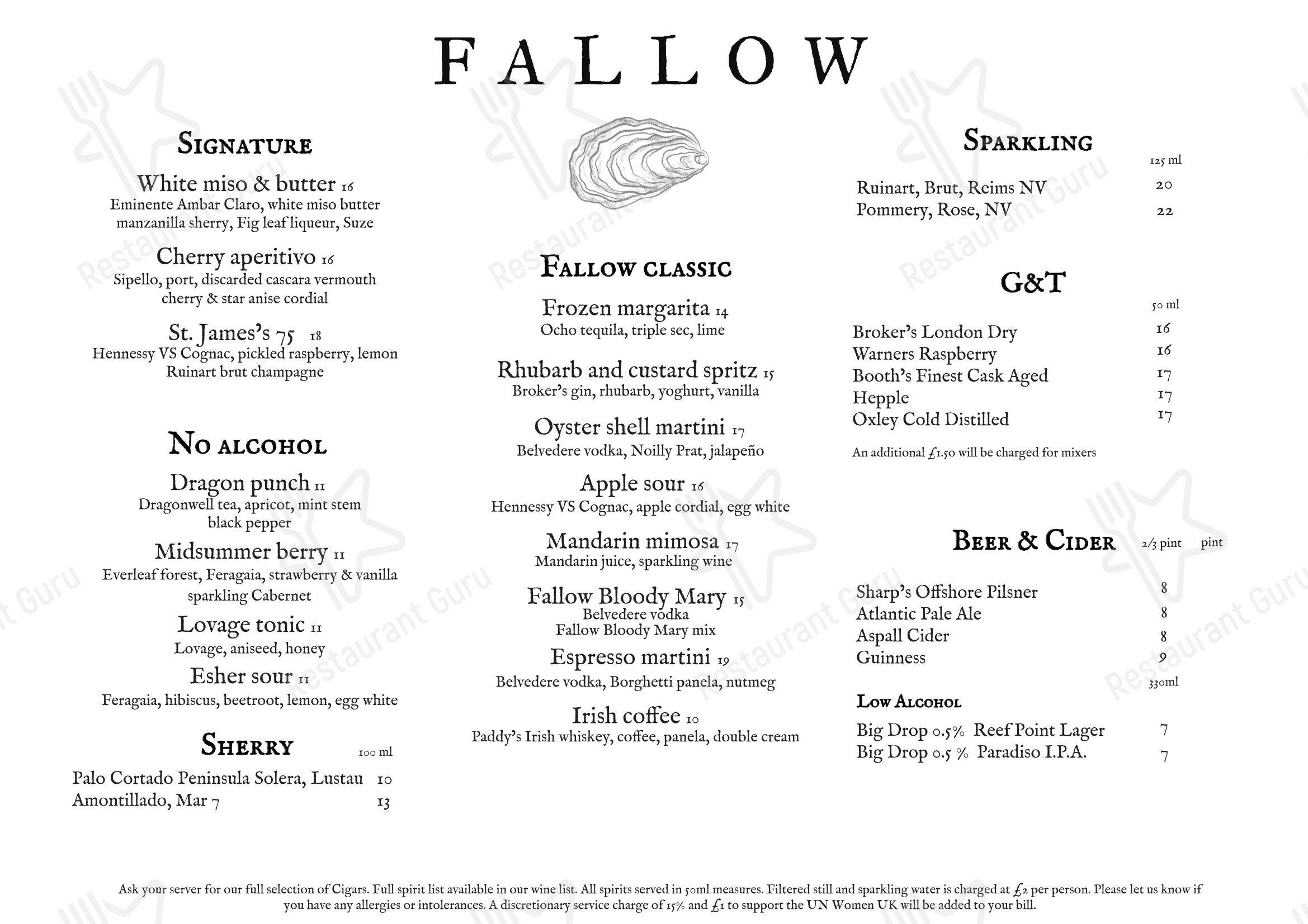 Menu at Fallow restaurant, London