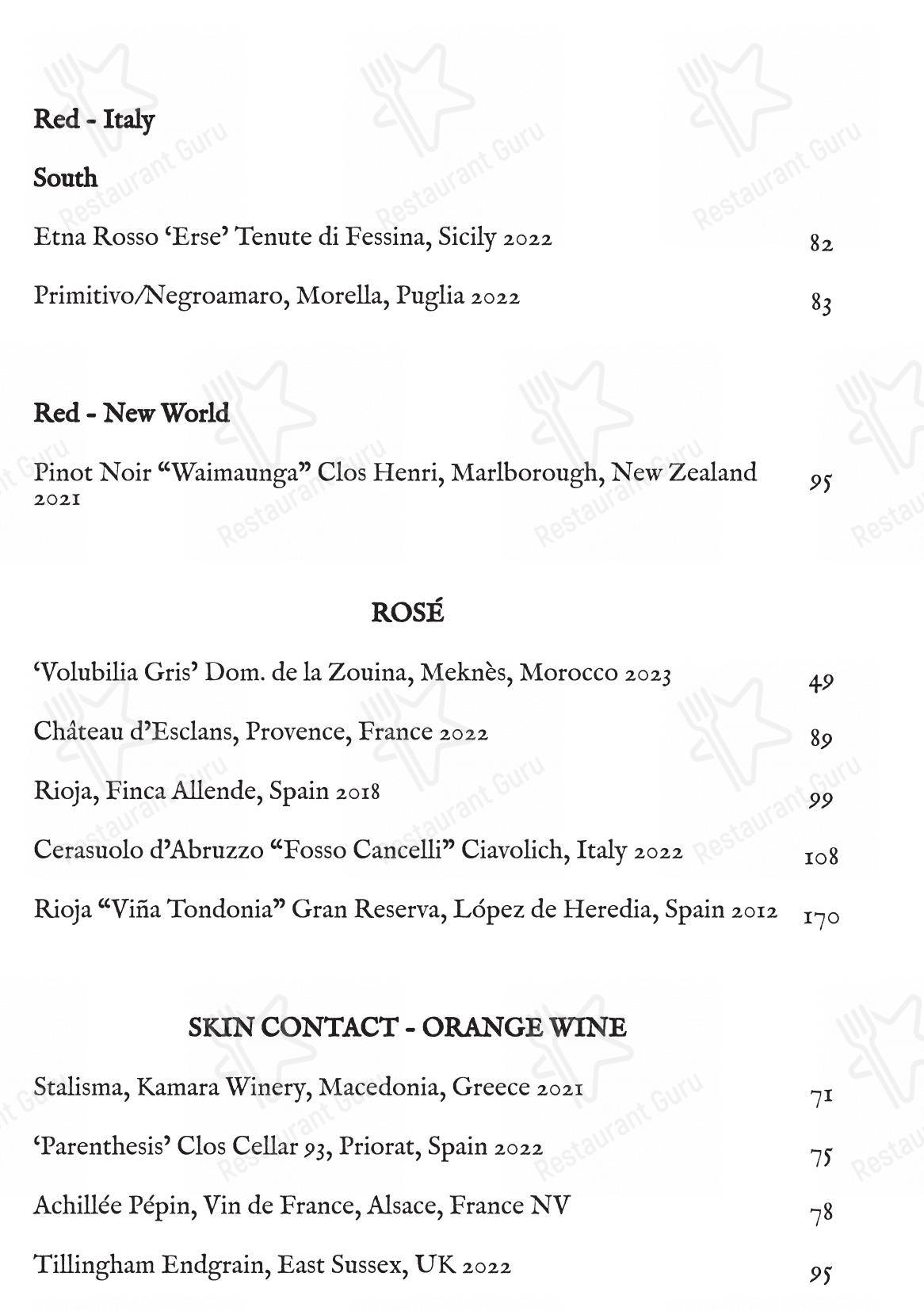 Menu at Fallow restaurant, London