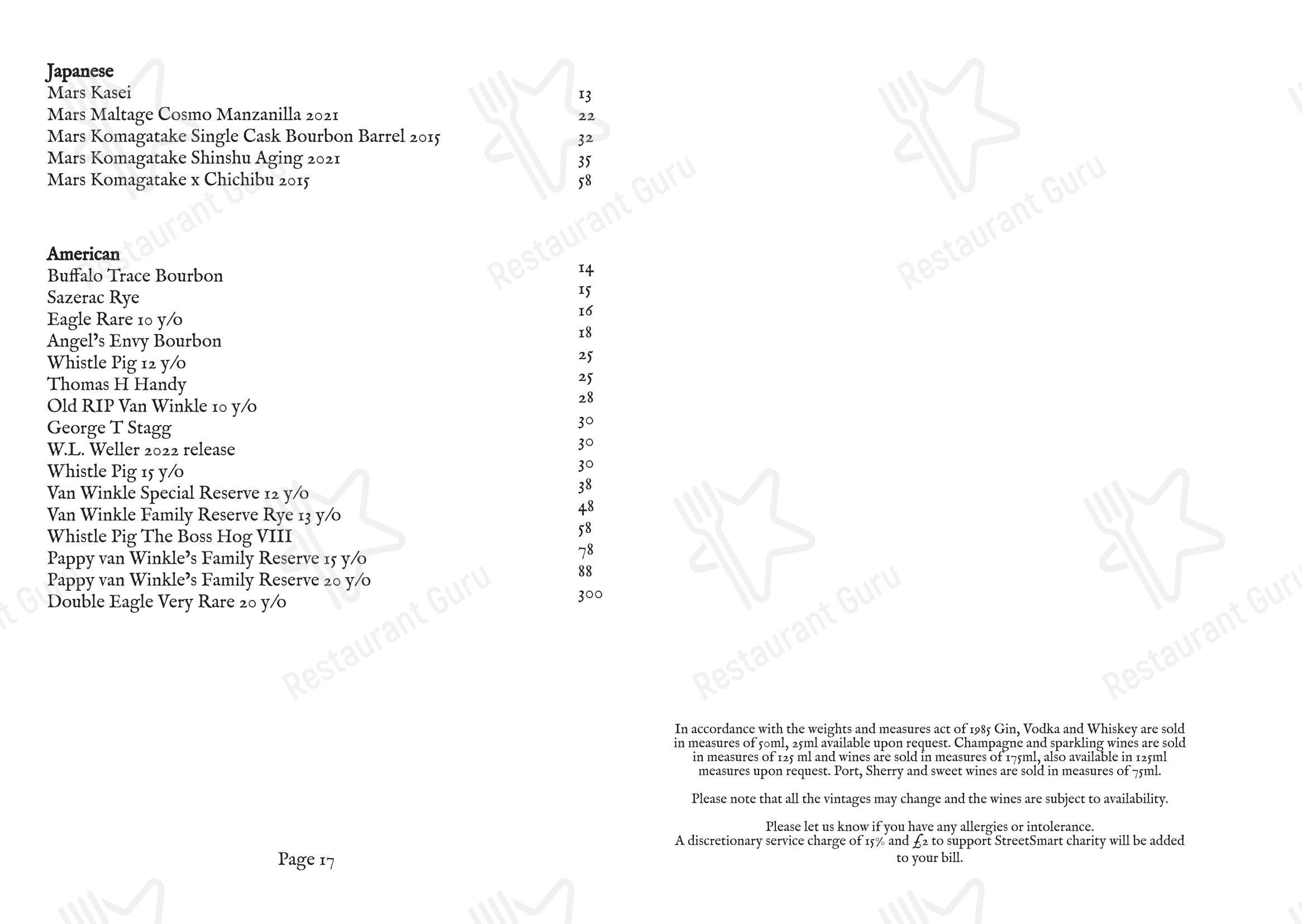 Menu at Fallow restaurant, London