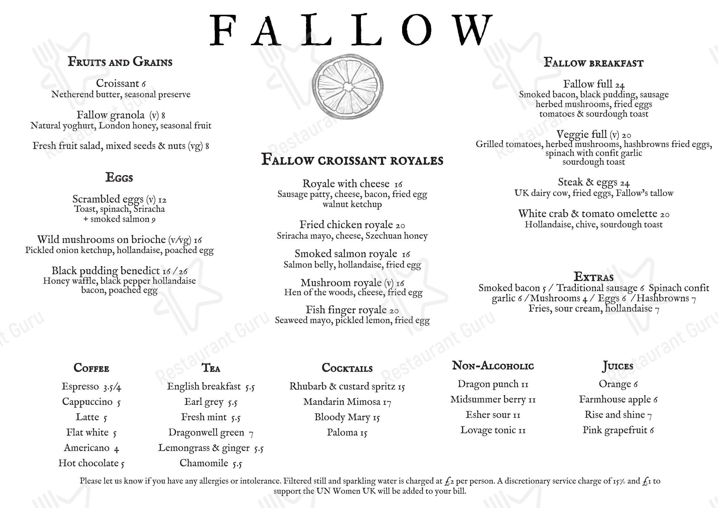 Menu at Fallow restaurant, London