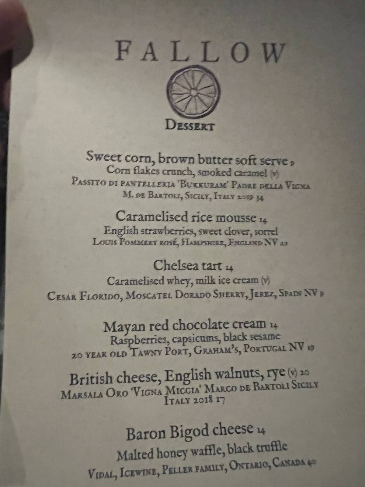 Menu at Fallow restaurant, London