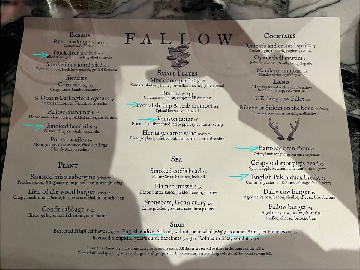 Menu at Fallow restaurant, London