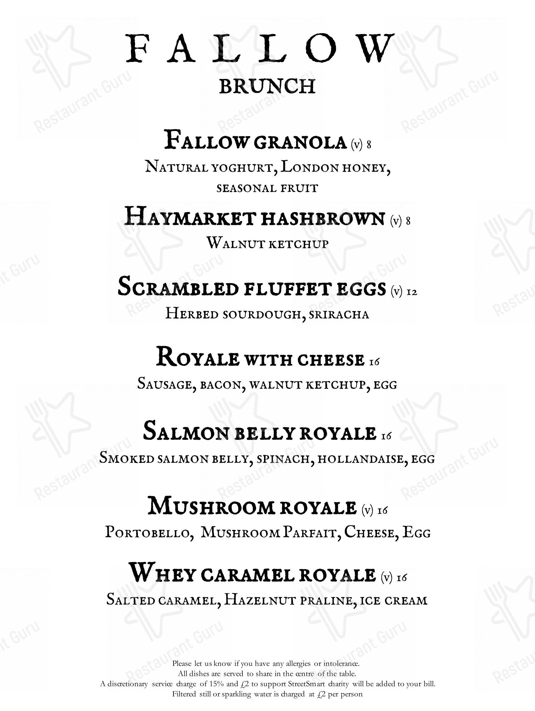 Menu at Fallow restaurant, London