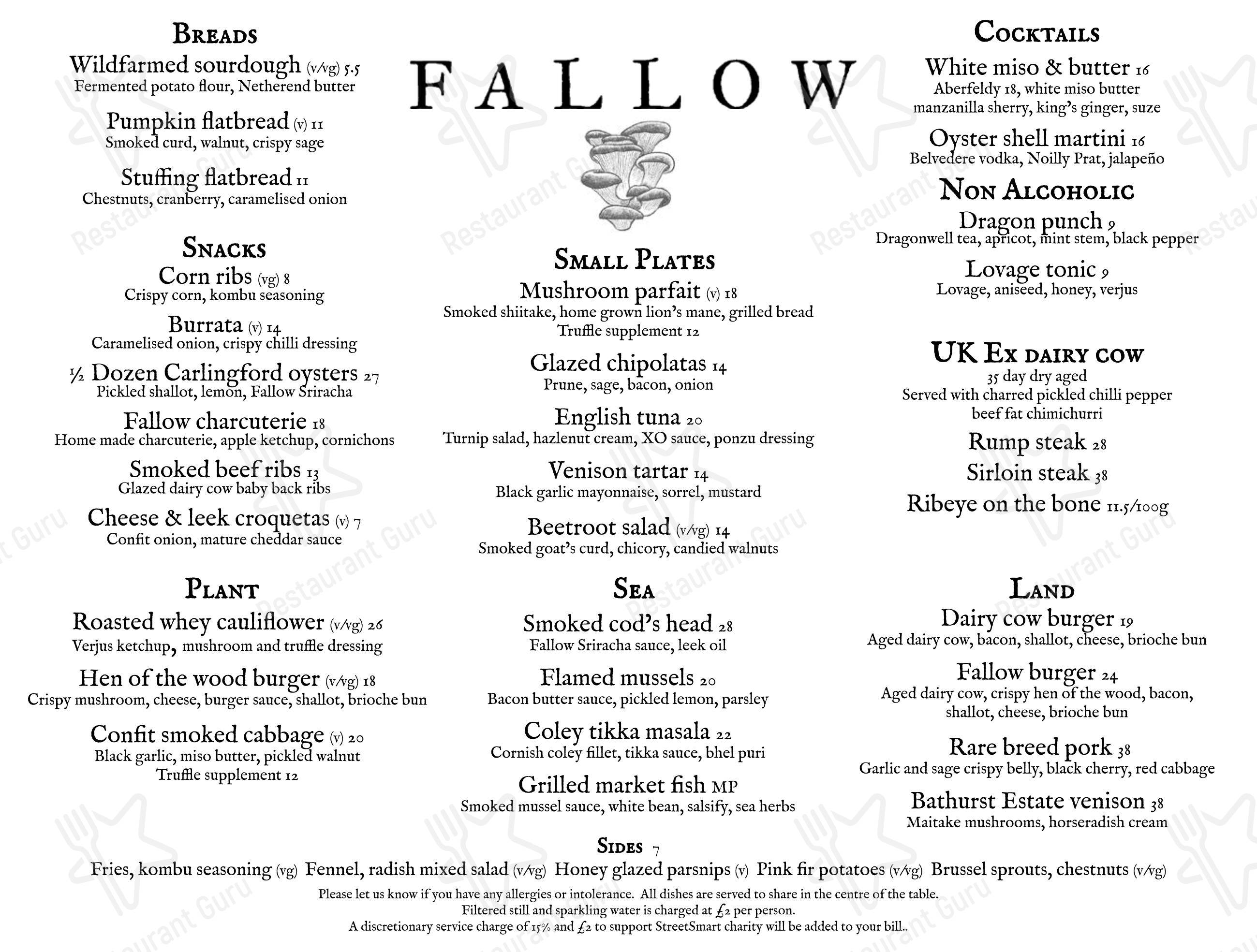 Menu at Fallow restaurant, London